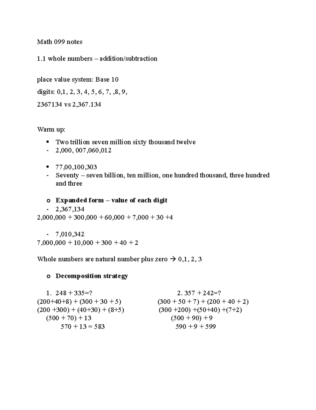 Math notes on 1.1 add:sub - Math 099 notes 1 whole numbers – addition ...