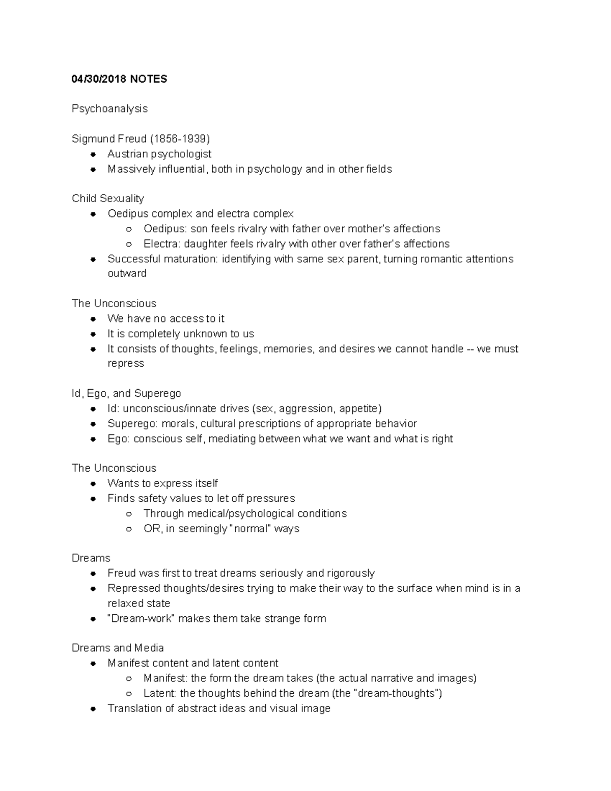 MCS Notes Pt. 2 - 04/30/2018 NOTES Psychoanalysis Sigmund Freud (1856 ...