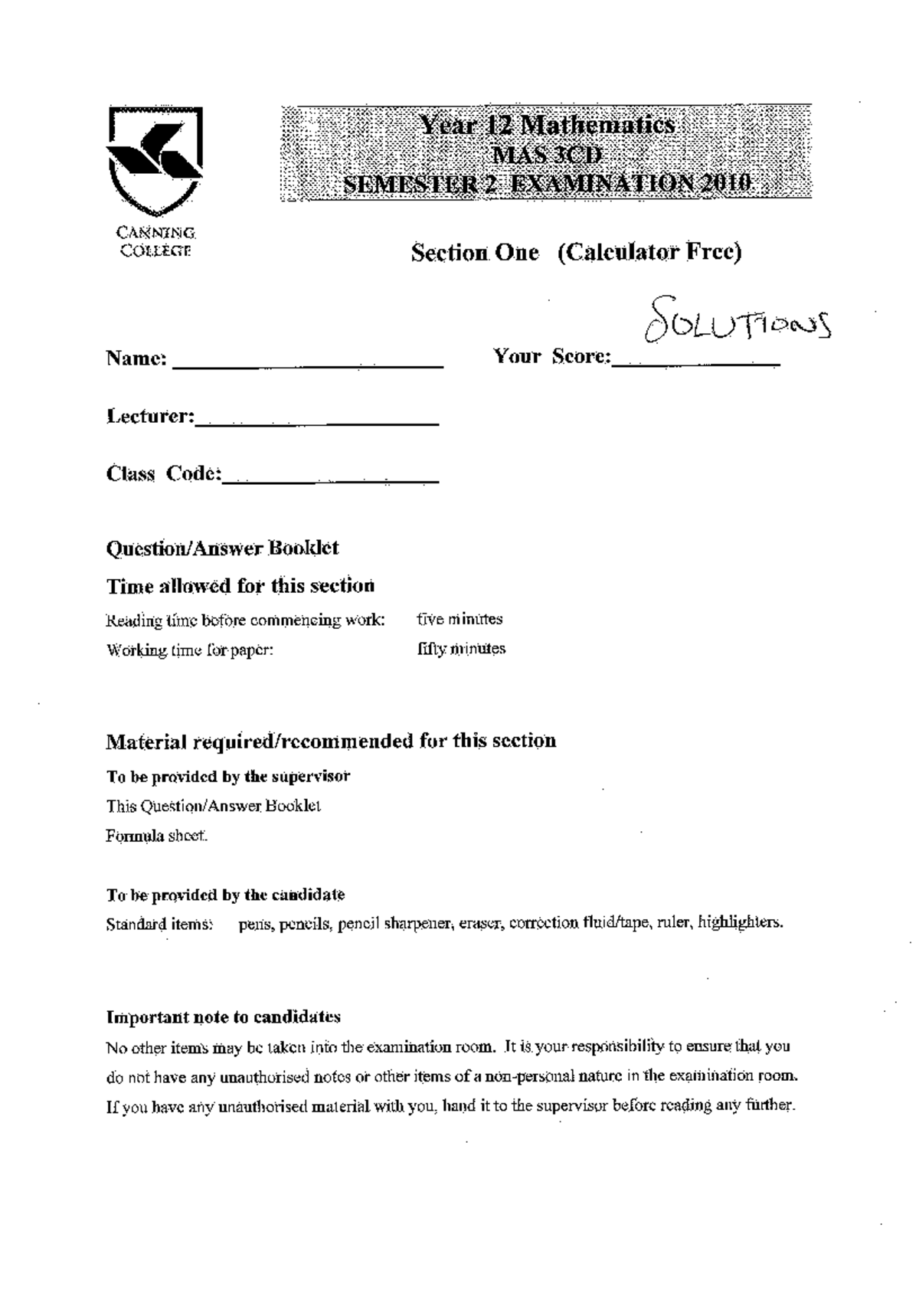 Sample/practice exam 7 November 2014, answers - CANNING _ . . . . One ...