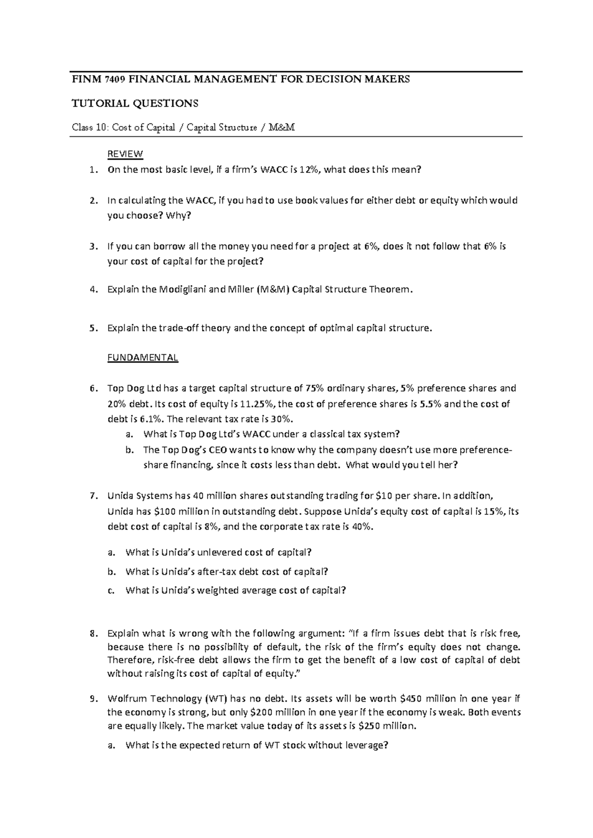Tutorial 10 questions - FINM 7409 FINANCIAL MANAGEMENT FOR DECISION ...