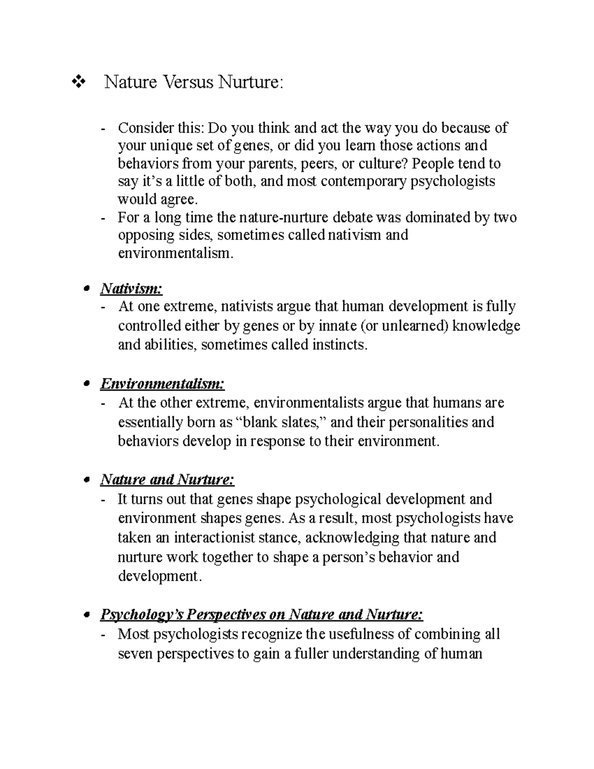 Psychology 108 Module Two Notes - Nature Versus Nurture: Consider this ...