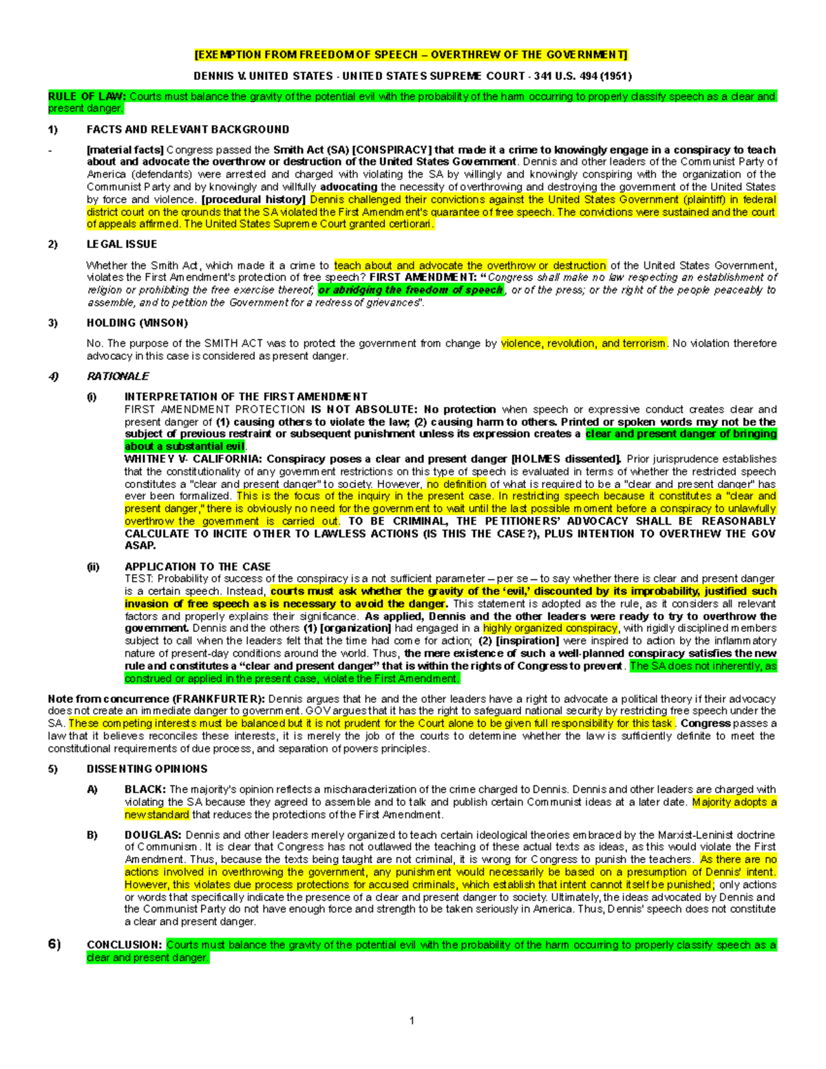 FREEDOM OF SPEECH: Case brief & class notes (including diss opinions ...