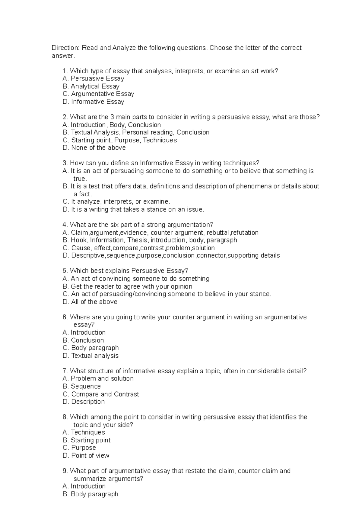 Questionnaire - Lecture - Direction: Read and Analyze the following ...