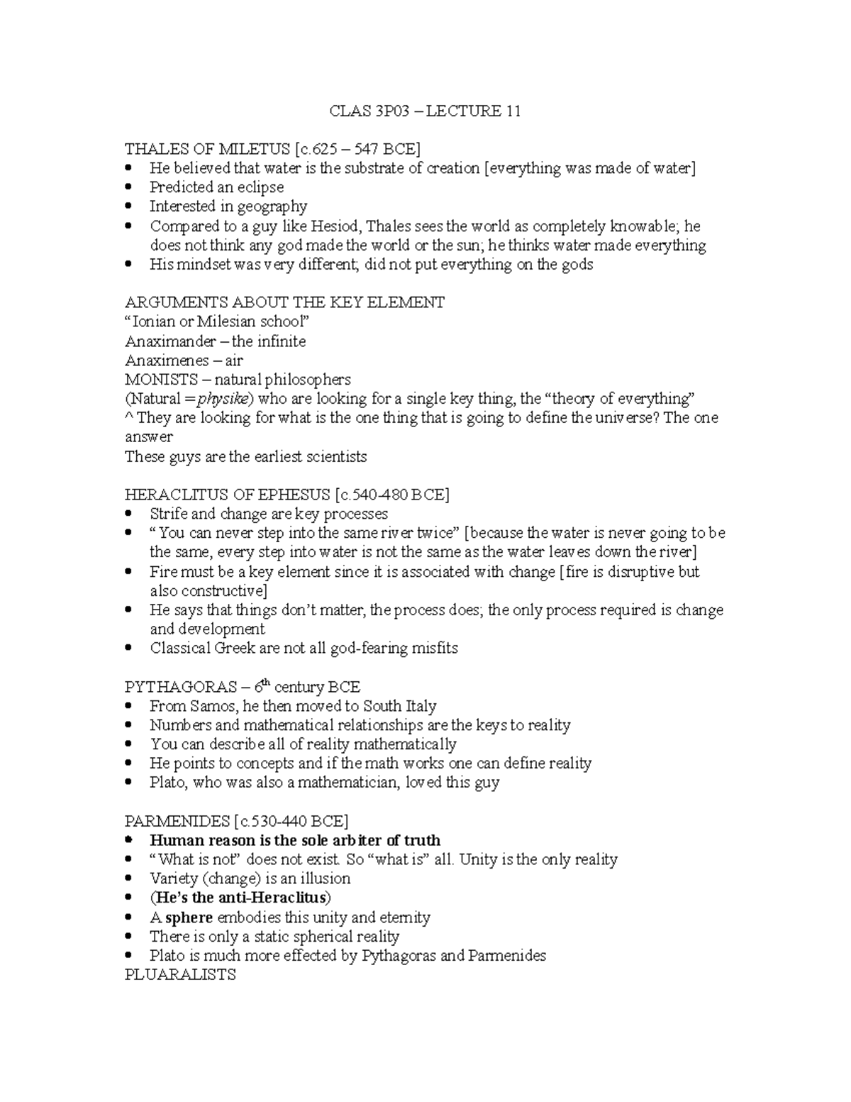 CLAS 3P03 – Lecture 11 - History - CLAS 3P03 – LECTURE 11 THALES OF MILETUS [c – 547 BCE] He ...