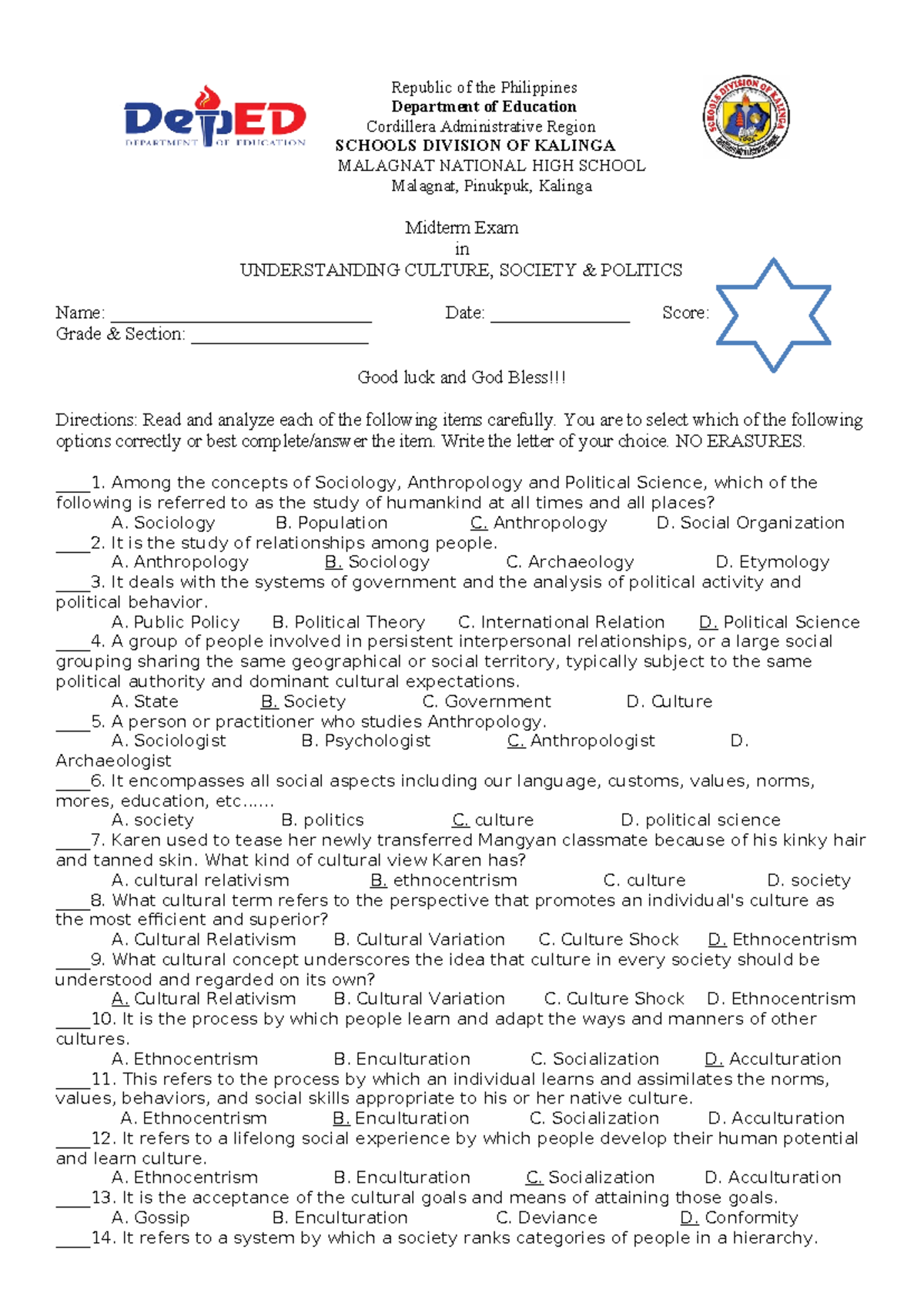 UCSP Exam 24-25 - exam 2 - Republic of the Philippines Department of ...