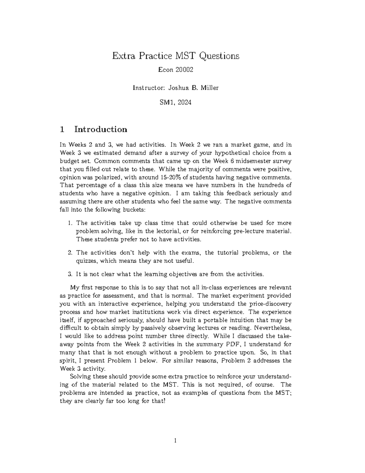 Week2and3 Extra Practice ECON2000 2 2024 - Extra Practice MST Questions Econ 20002 Instructor ...