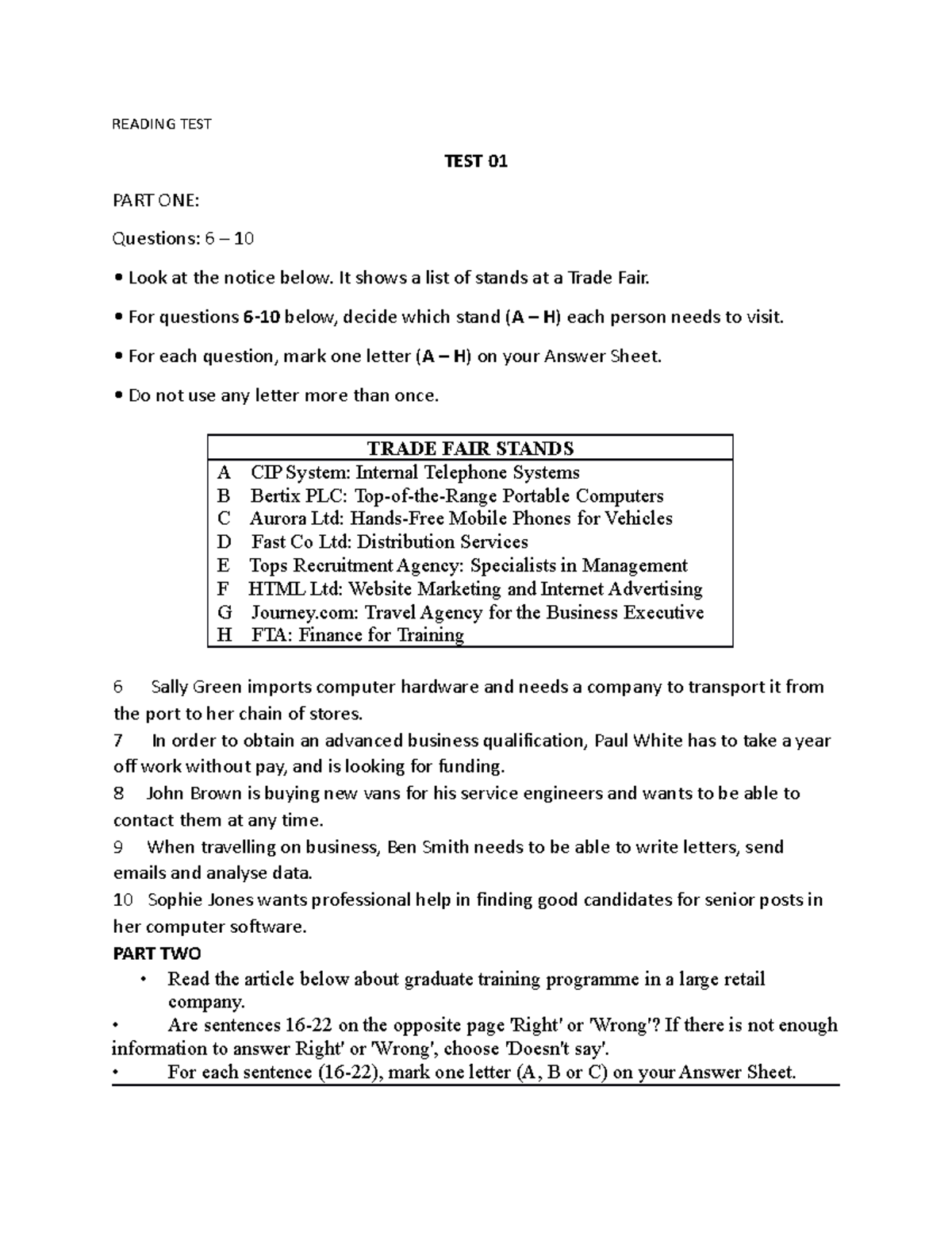 Reading TEST - sent by the Department - READING TEST TEST 01 PART ONE ...