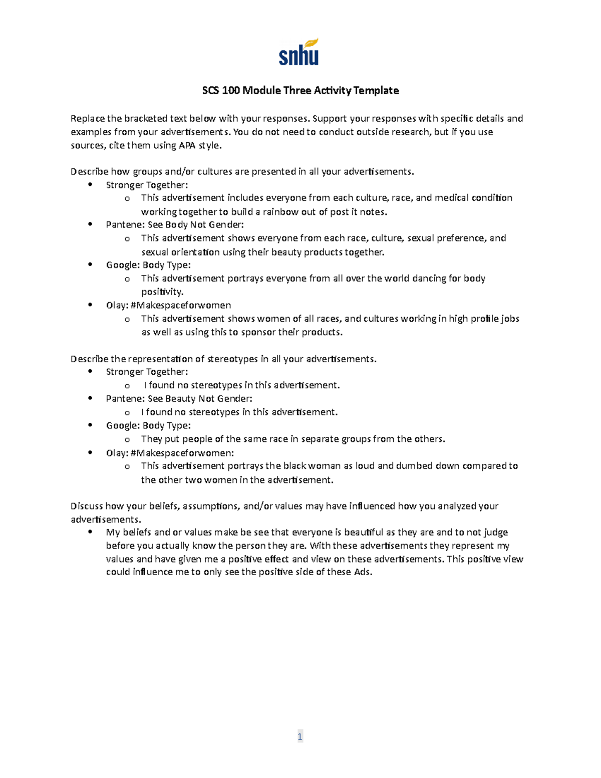SCS 100 Module Three Activity HW - Support your responses with specific ...