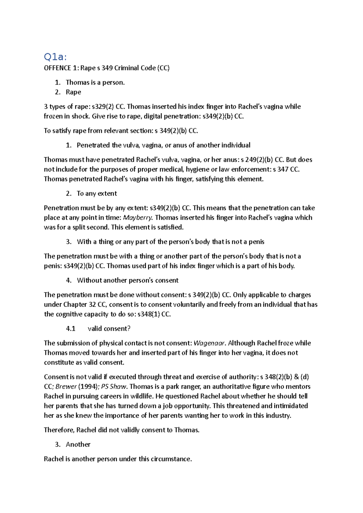 Q1 - Lecture notes 1 - Q1a: OFFENCE 1: Rape s 349 Criminal Code (CC) 1 ...