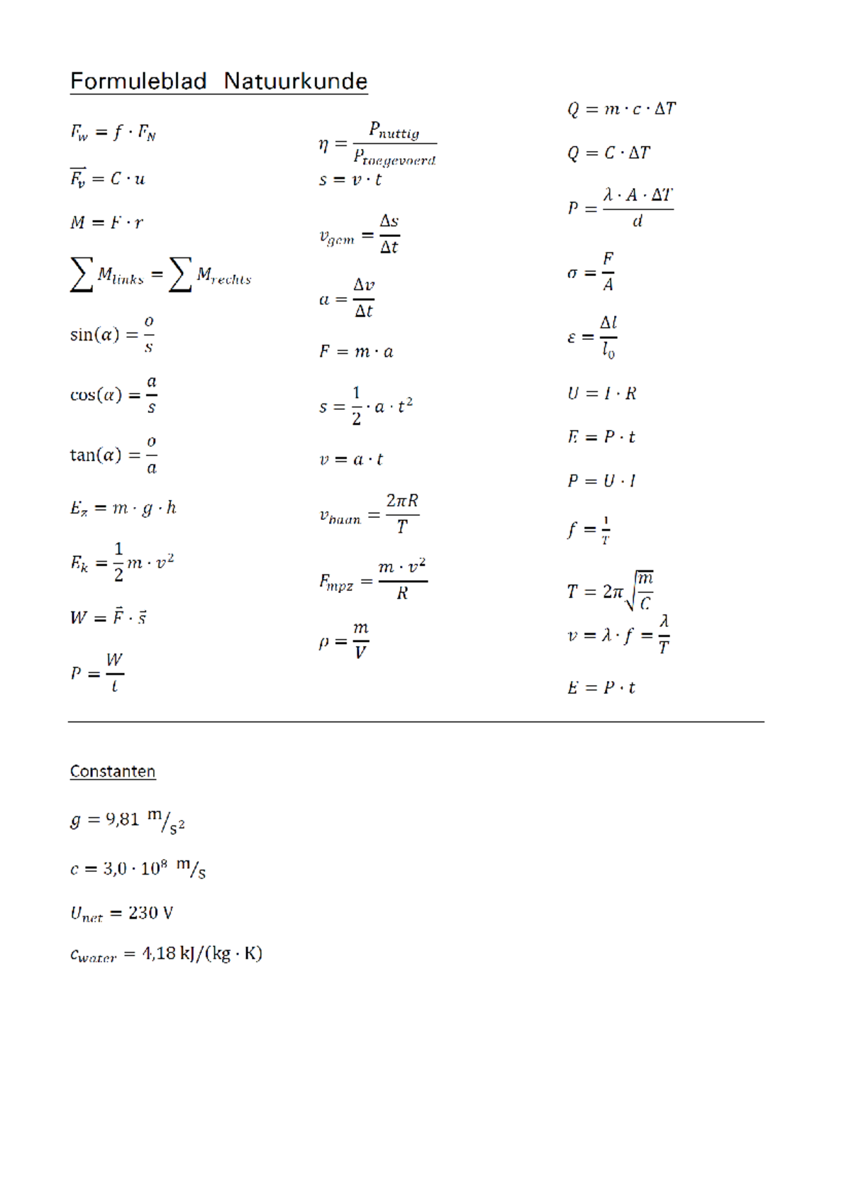 Formuleblad natuurkunde - Natuurkunde algemeen - c Fw = f F FN Q=C F=C ...