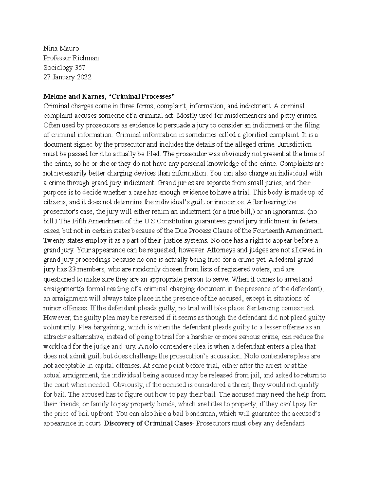 Criminology Reading Summary Jan 28th - Nina Mauro Professor Richman ...