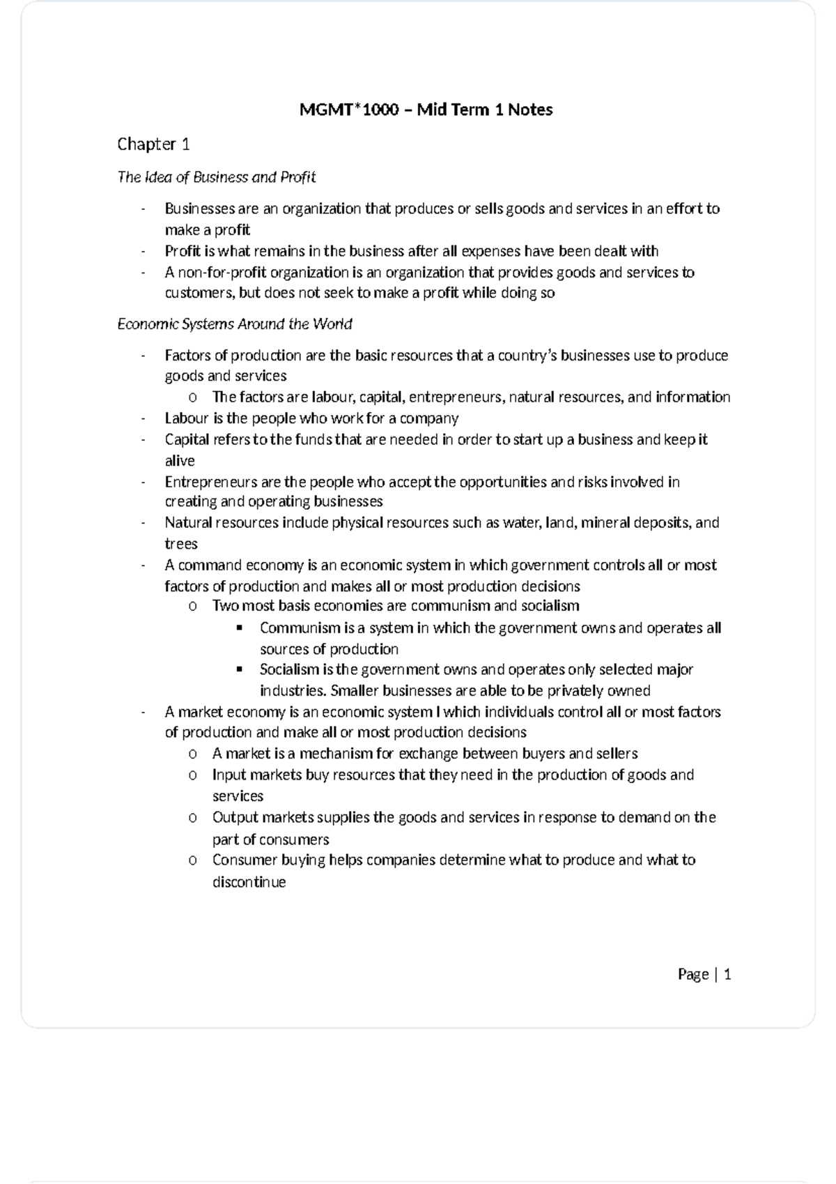 Midterm-1-notes compress - MGMT*1000 – Mid Term 1 Notes Chapter 1 The ...