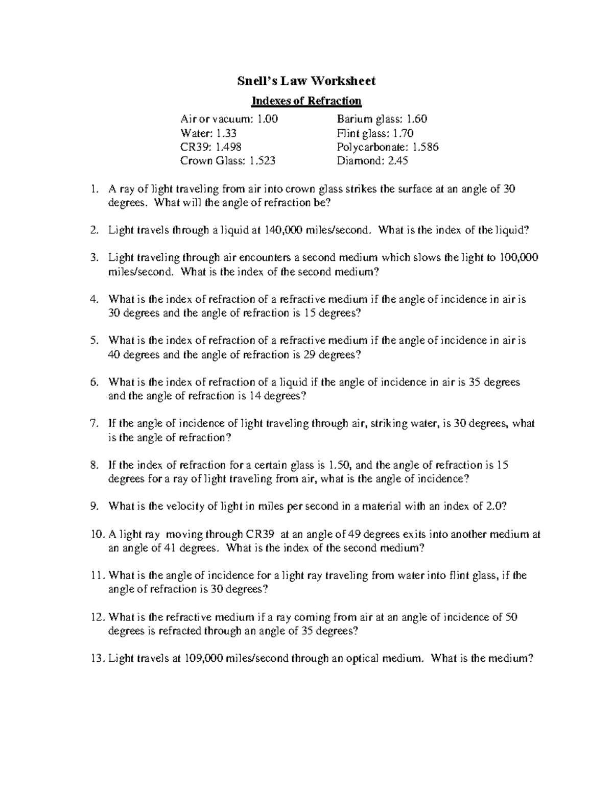 Snells law Worksheet - Snell’s Law Worksheet Indexes of Refraction Air ...
