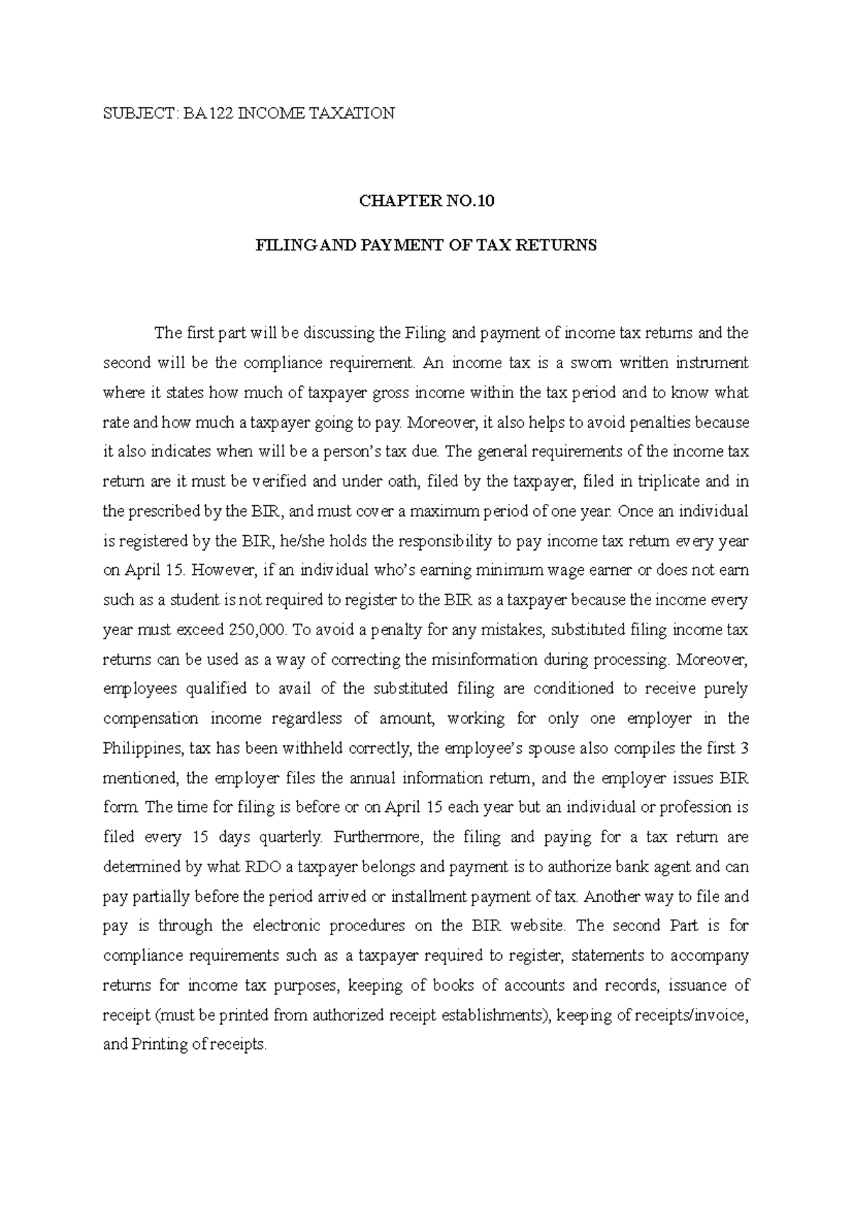 Chapter 10 Income TAX - Filing and Payment of Tax Returns - SUBJECT ...