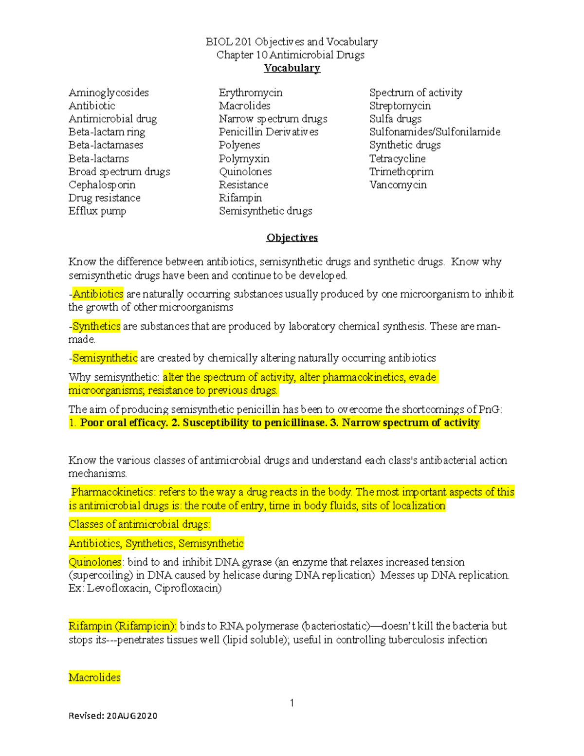 BIOL 201 Objectives and Vocabular Chapter 10 Antimicrobial Drugs-1-1 ...