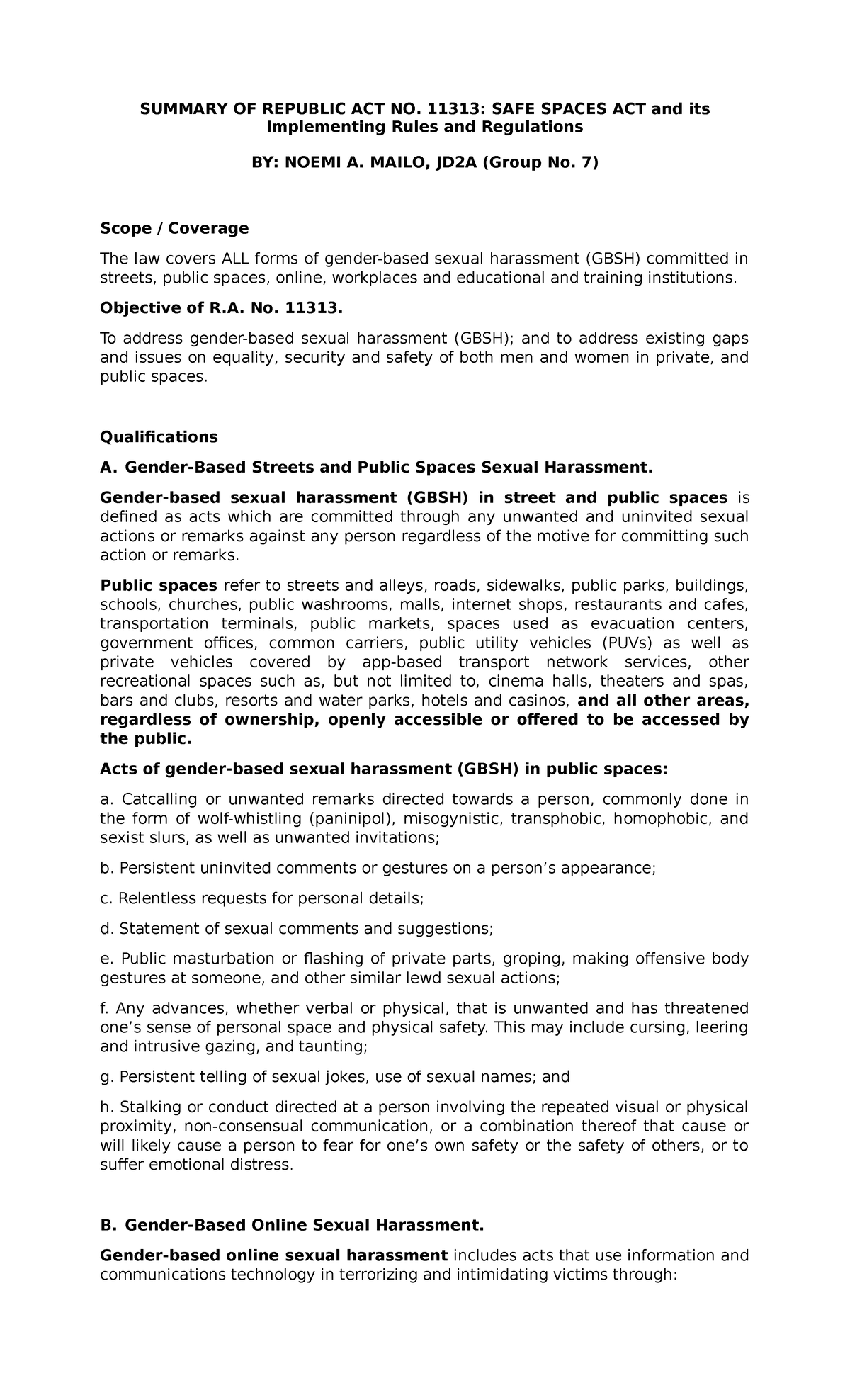 Summary of RA 11313 - SUMMARY OF REPUBLIC ACT NO. 11313: SAFE SPACES ...