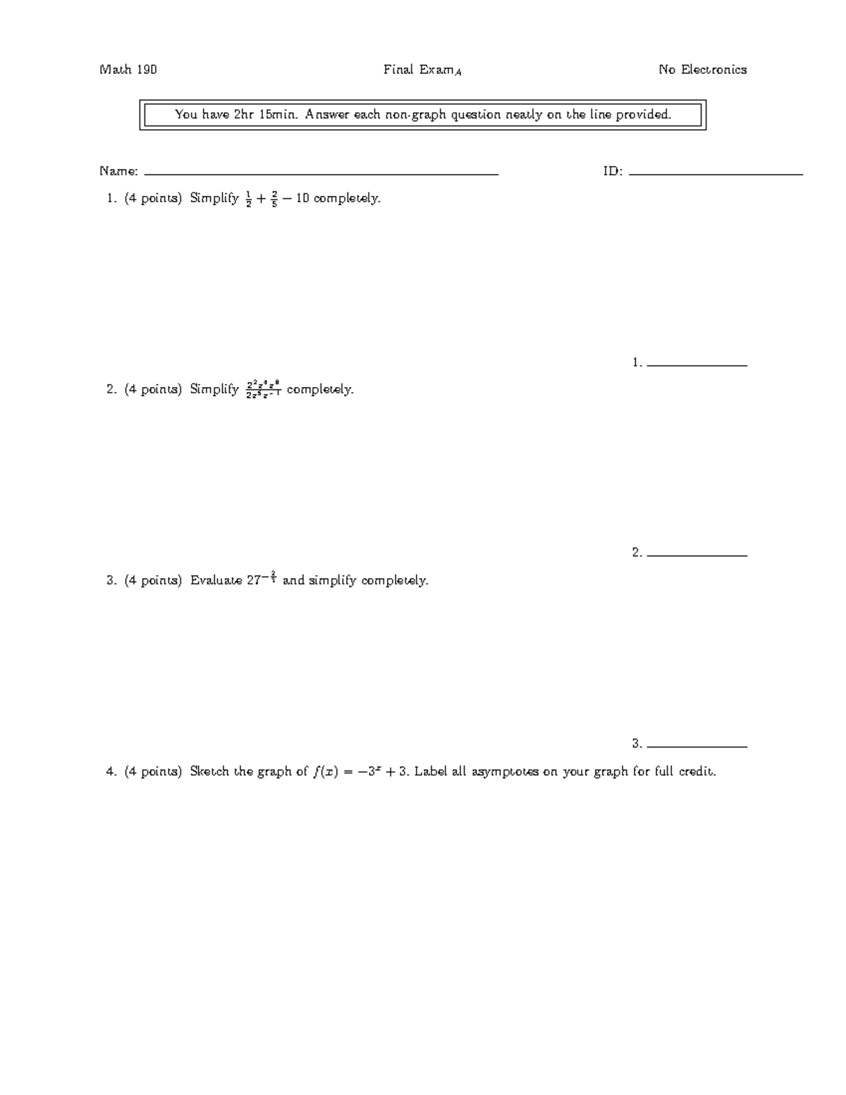 Final 2 190 - Math 190 Practice Test - Math 190 You have 2hr 15min ...