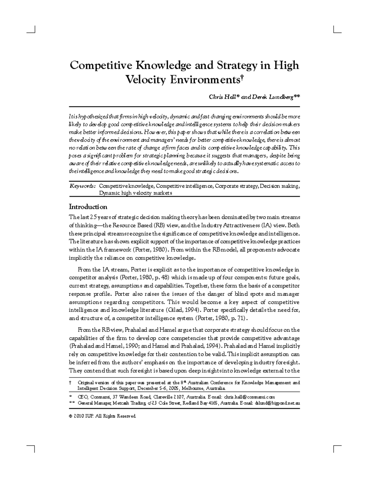 Competitive Knowledge and Strategy in High - However, this paper shows ...