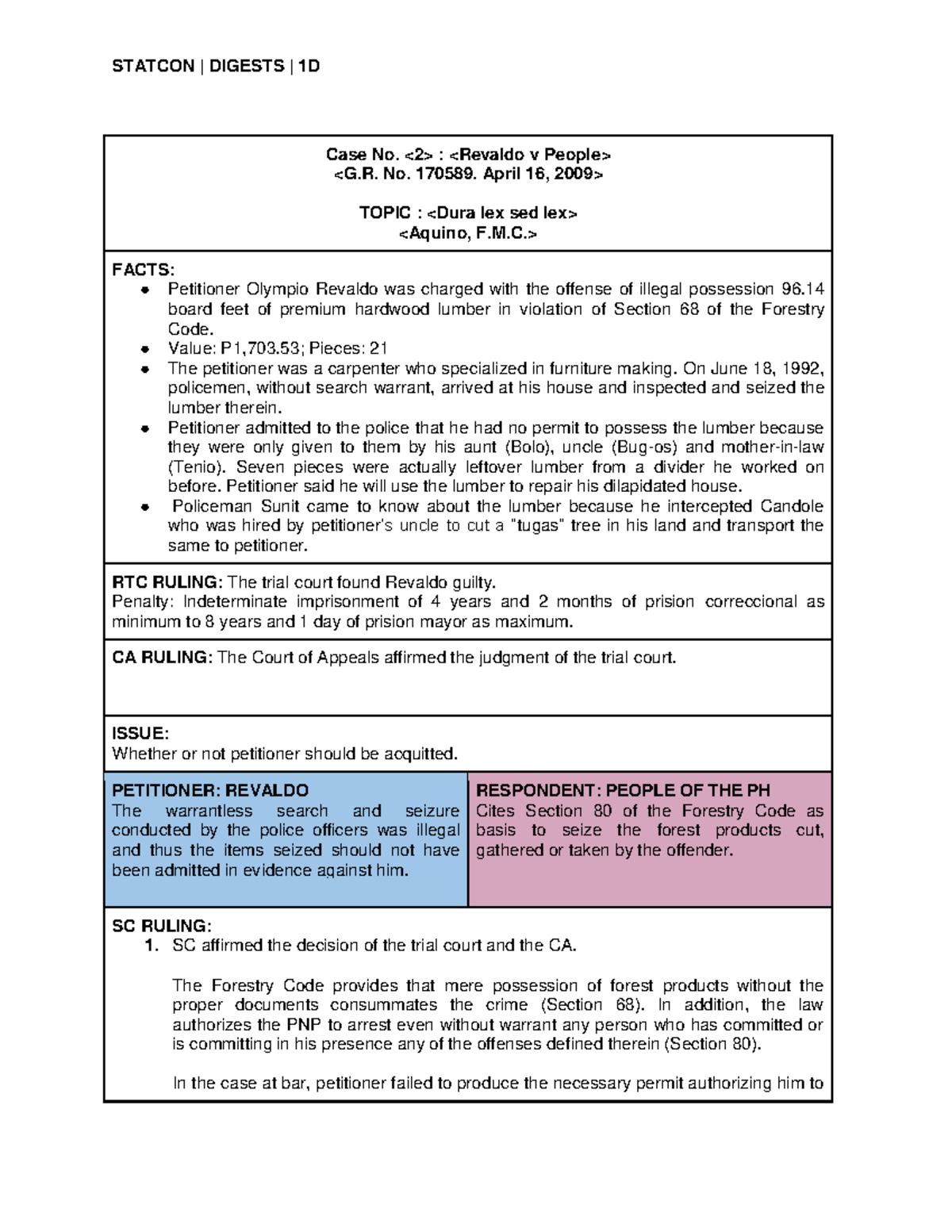 Revaldo v People - Case - STATCON | DIGESTS | 1D Case No. : - Studocu