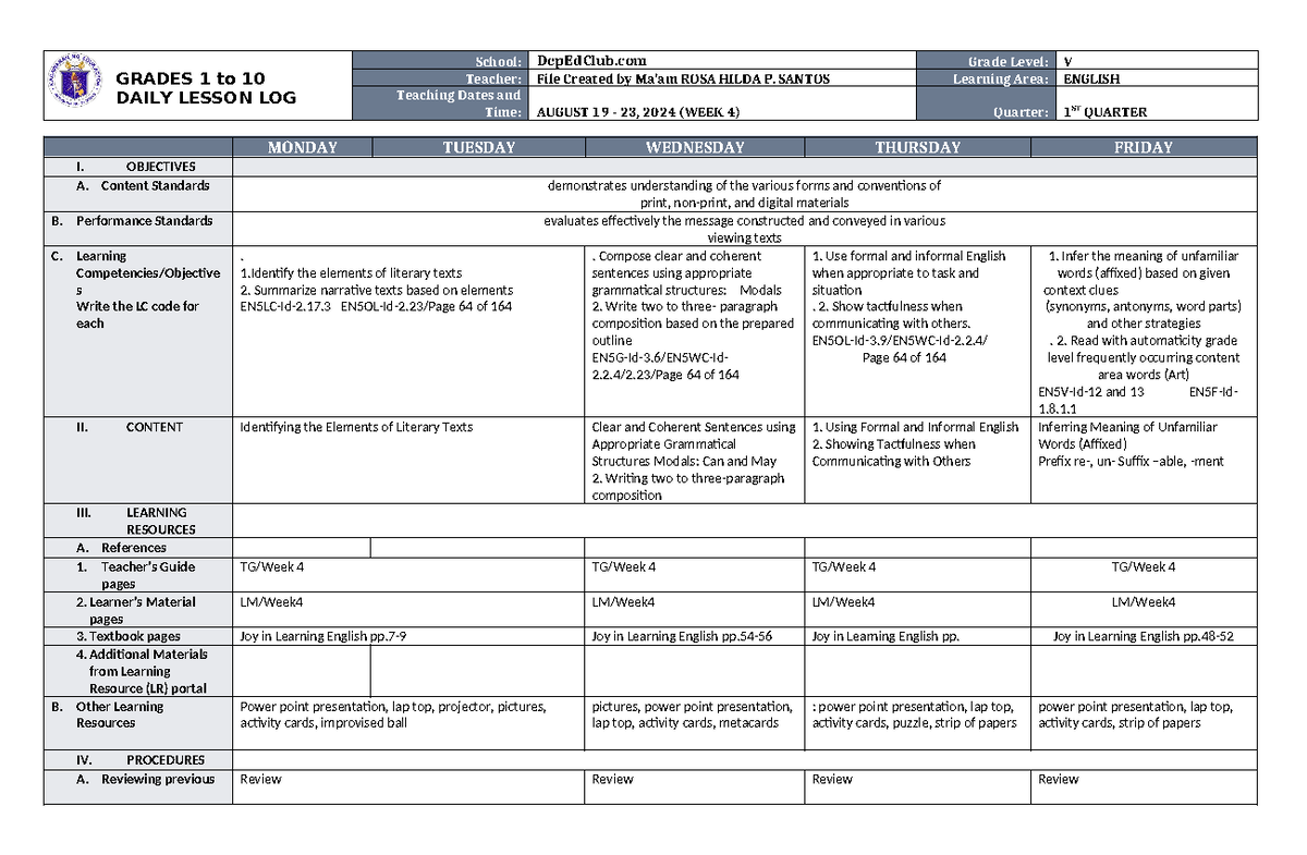 DLL English 5 Q1 W4 - DLL po siya - GRADES 1 to 10 DAILY LESSON LOG School: DepEdClub Grade ...