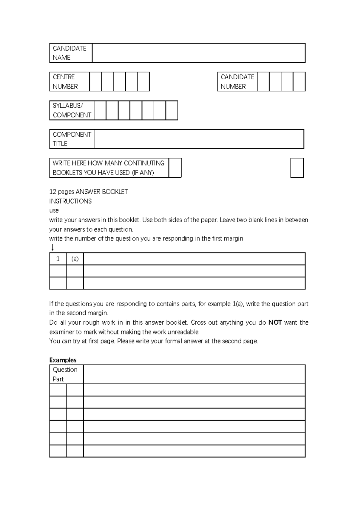 Sample of answersheet - CANDIDATE NAME CENTRE NUMBER CANDIDATE NUMBER ...