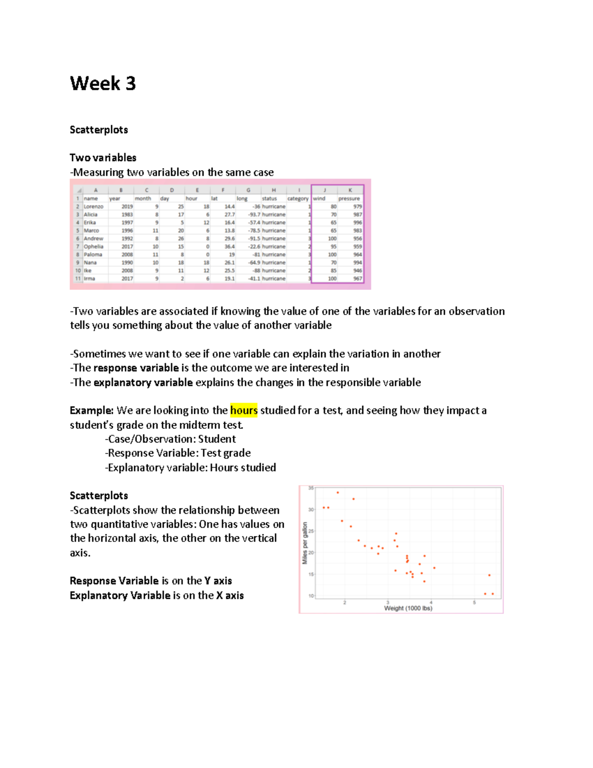 Week 3 - Course notes - Week 3 Scatterplots Two variables Measuring two ...
