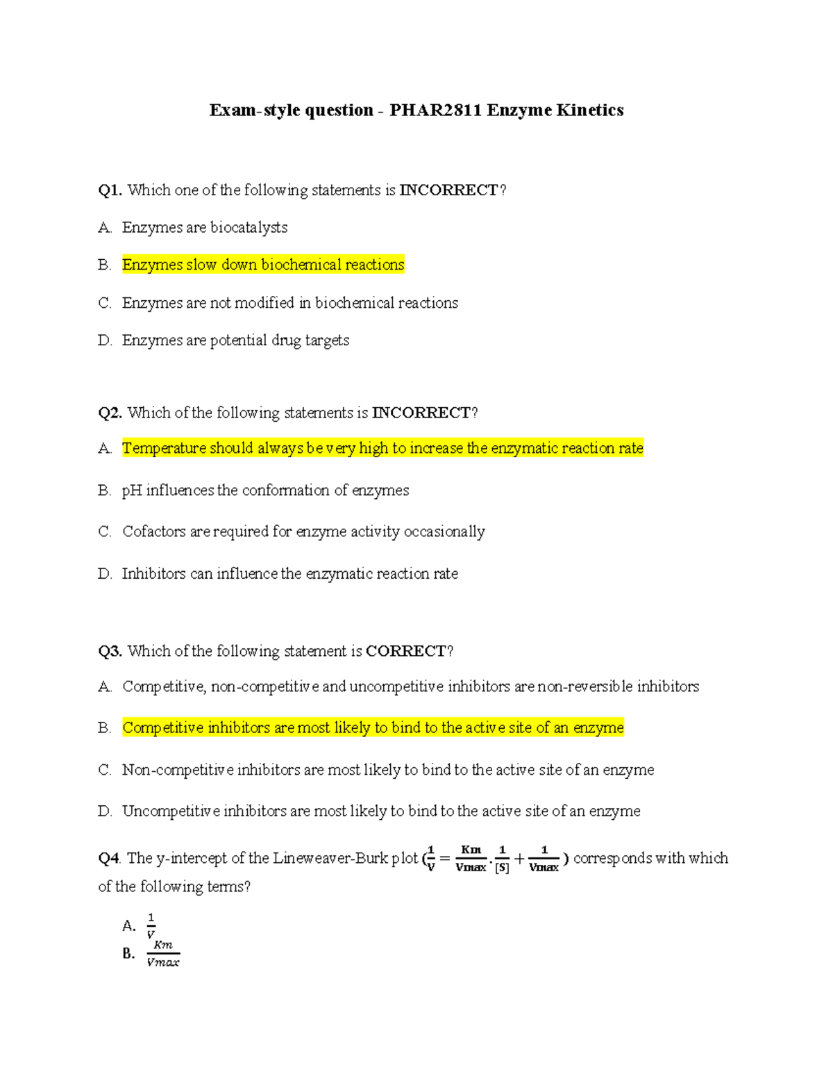 Exam-style questions PHAR2811 Enzyme kinetics - Exam-style question ...