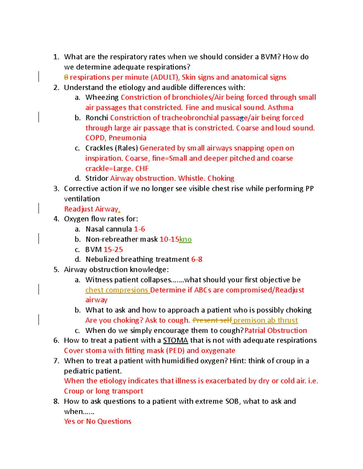 EMT Final Exam4 Review Sheet - What are the respiratory rates when we ...