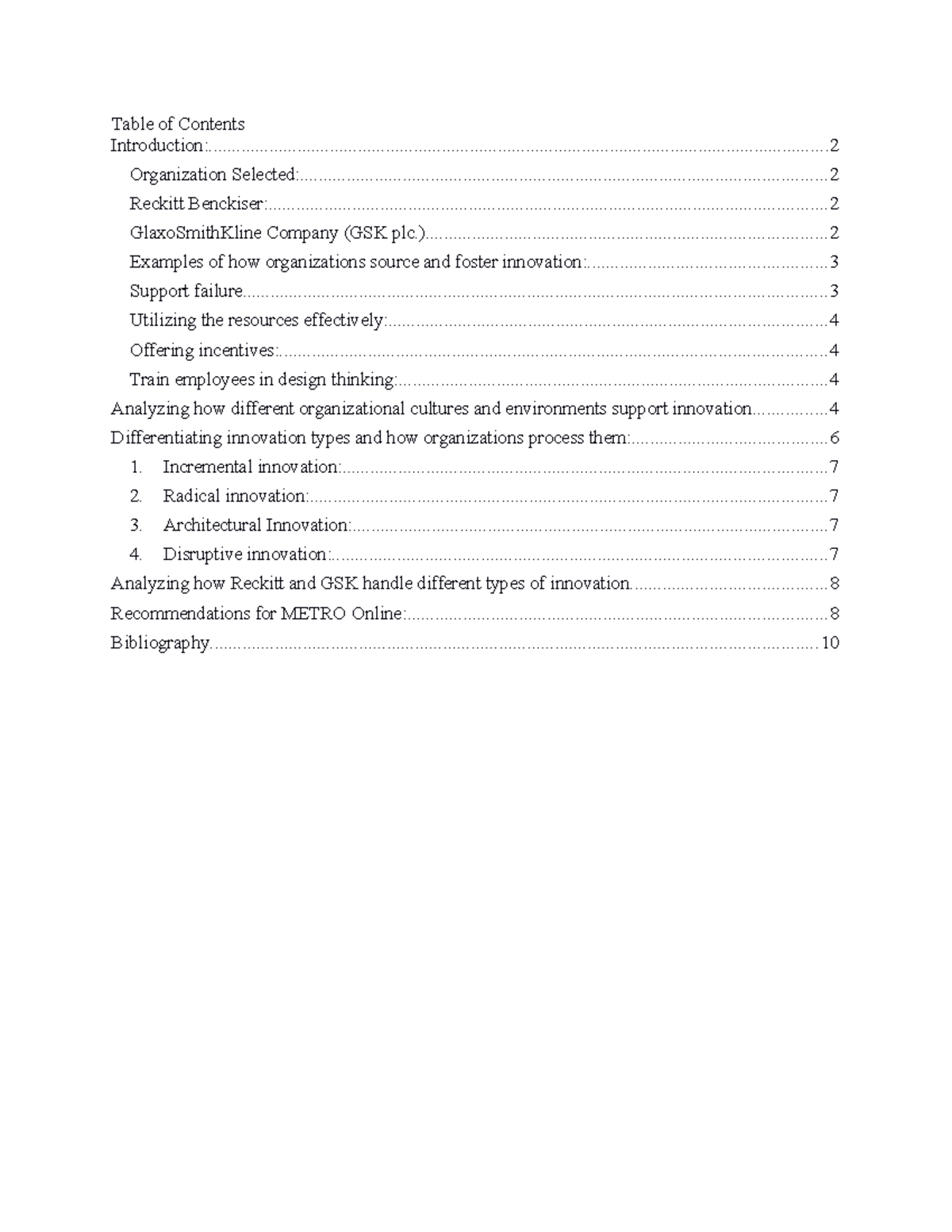 Innovation final - Assignment - Table of Contents - Studocu
