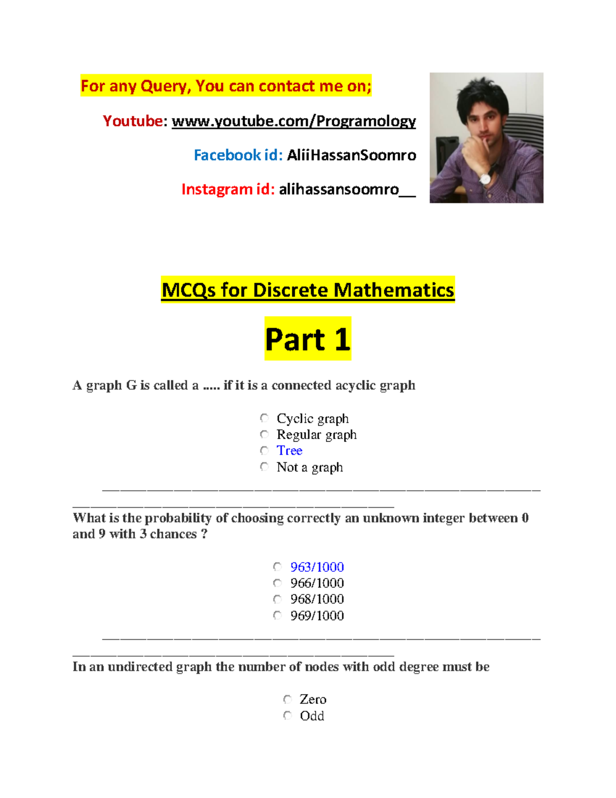 MCQs for DM - JUUUUUUUUUU - MCQs for Discrete Mathematics Part 1 A ...