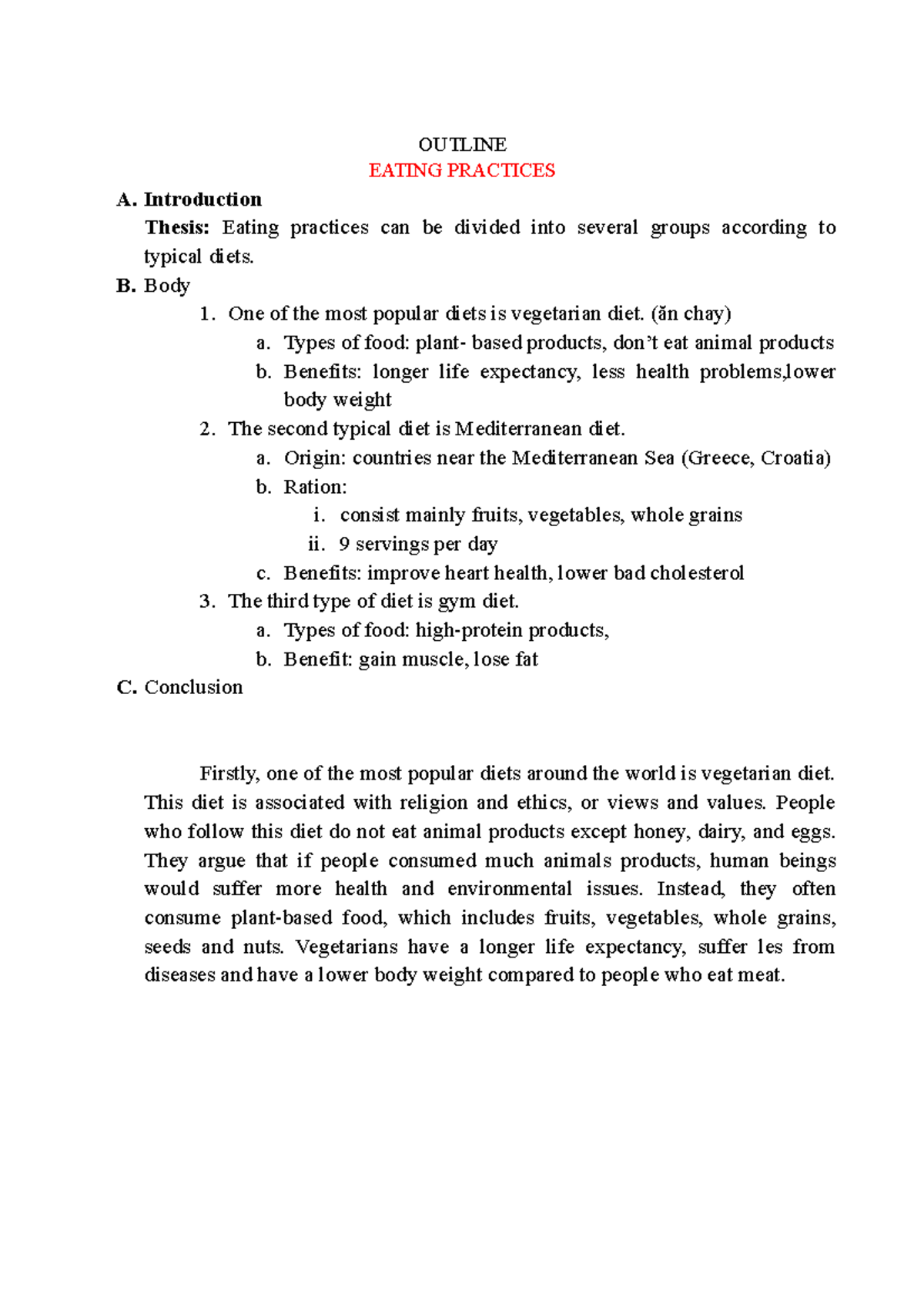 Outline Classification - OUTLINE EATING PRACTICES A. Introduction ...