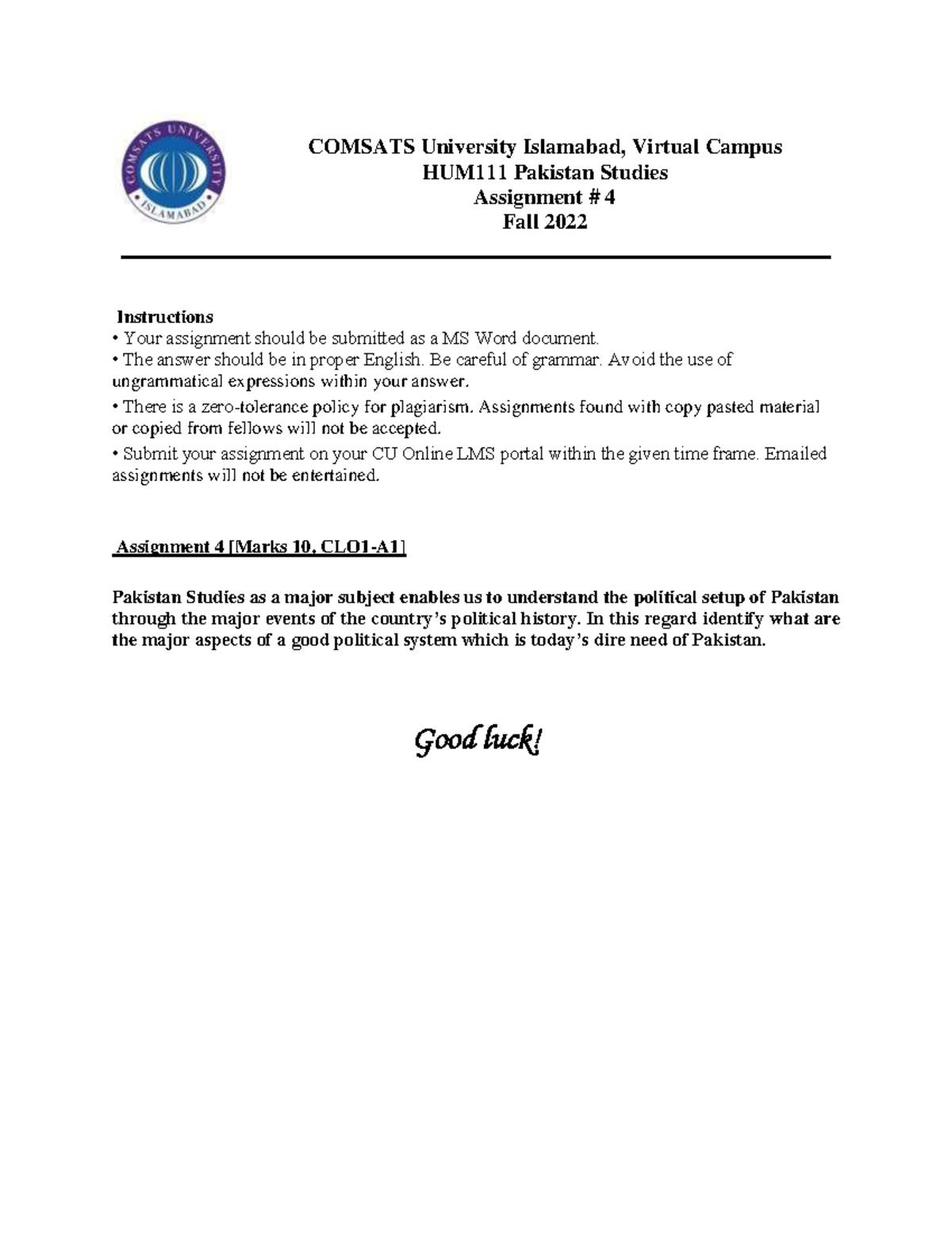 Assignment.4 Pak Studies - COMSATS University Islamabad, Virtual Campus HUM111 Pakistan Studies ...