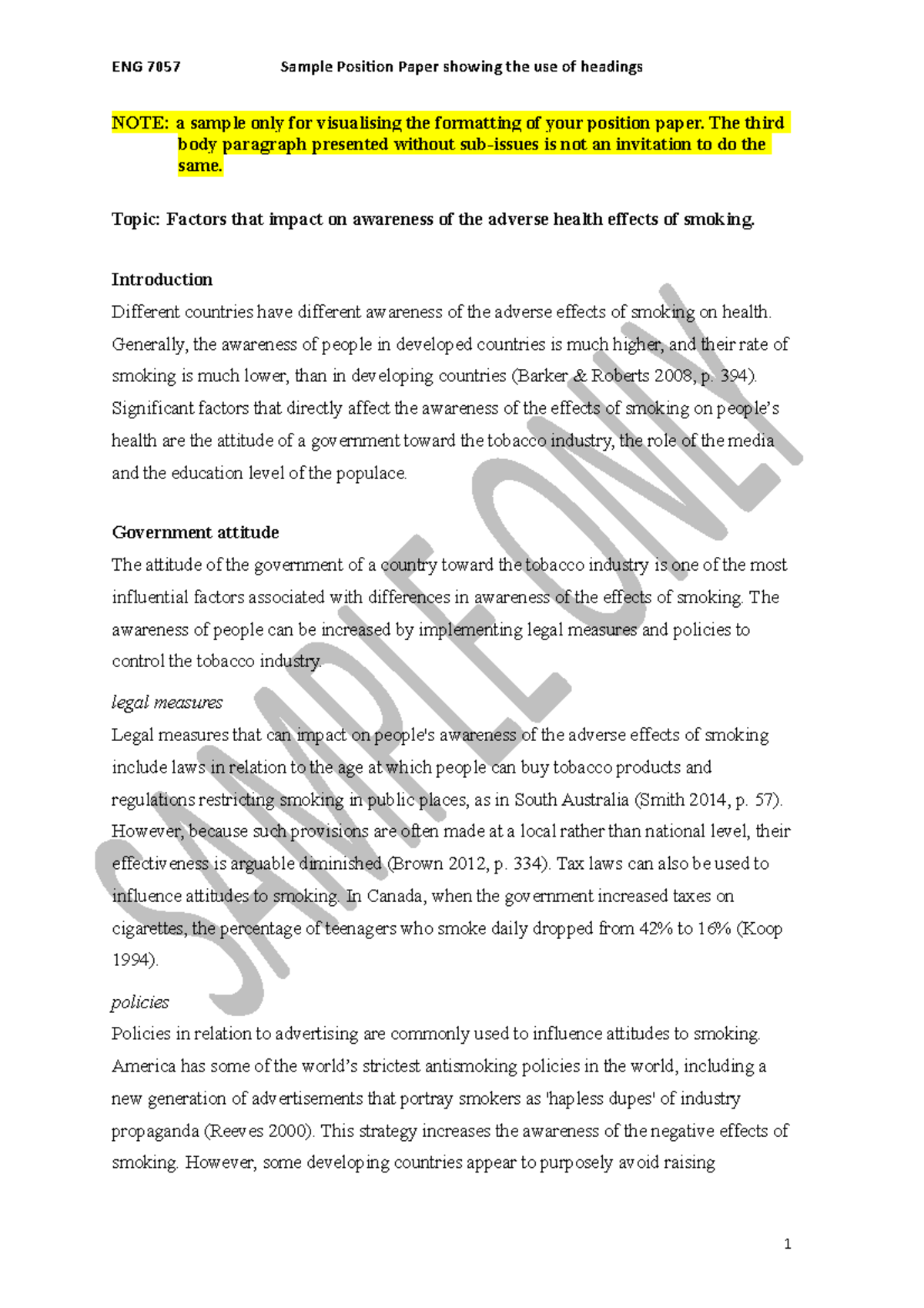 Sample Position Paper for Document Formatting - NOTE: a sample only for ...