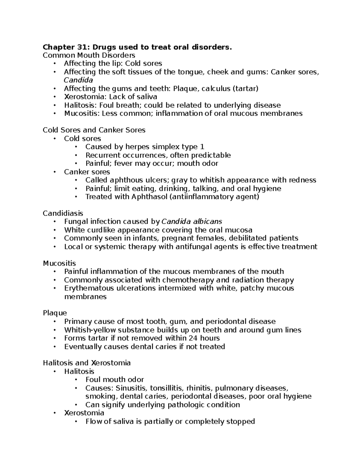 Pharmacology Chapter 31-34 Notes - Chapter 31: Drugs used to treat oral ...