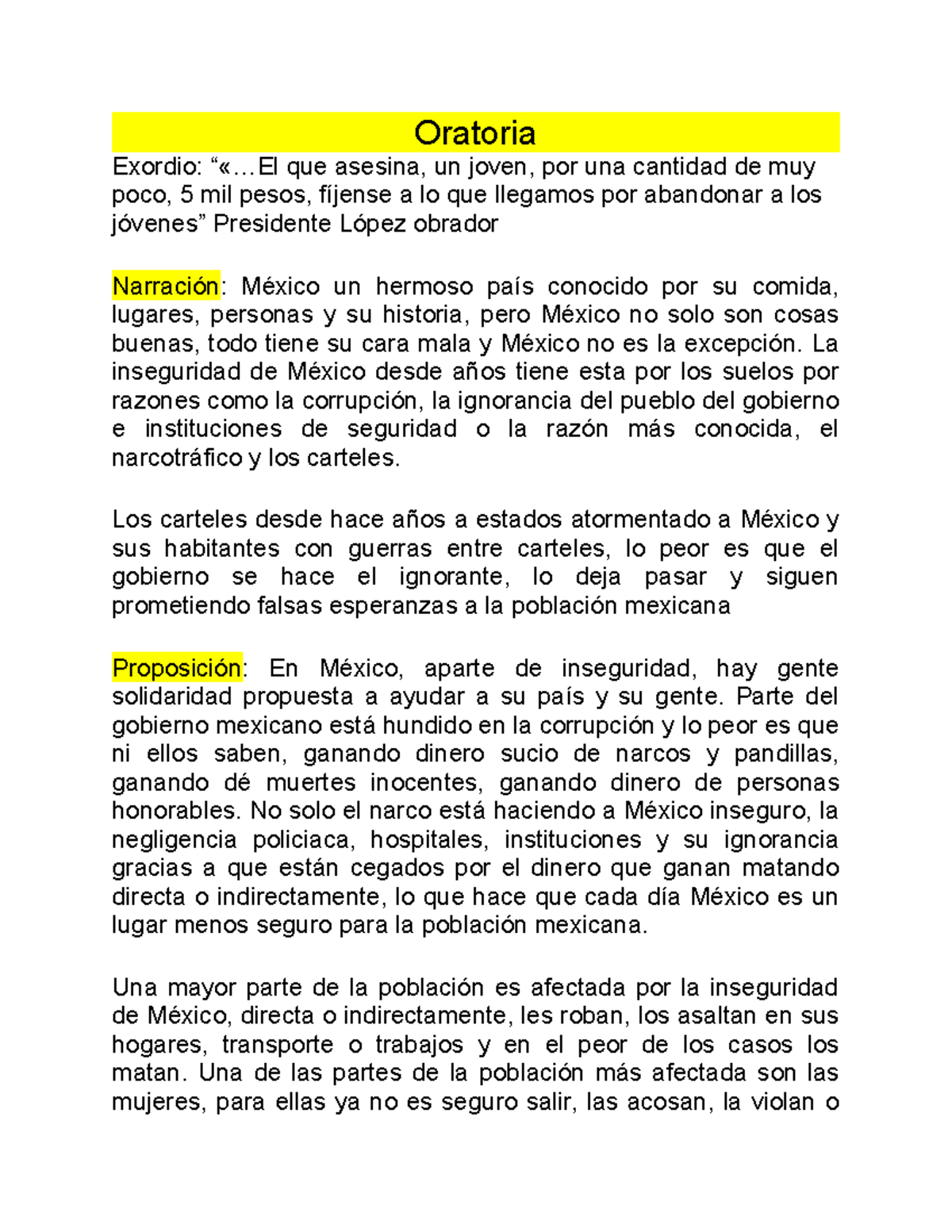 Oratori 1 - amlo - Oratoria Exordio: “«.. que asesina, un joven, por ...