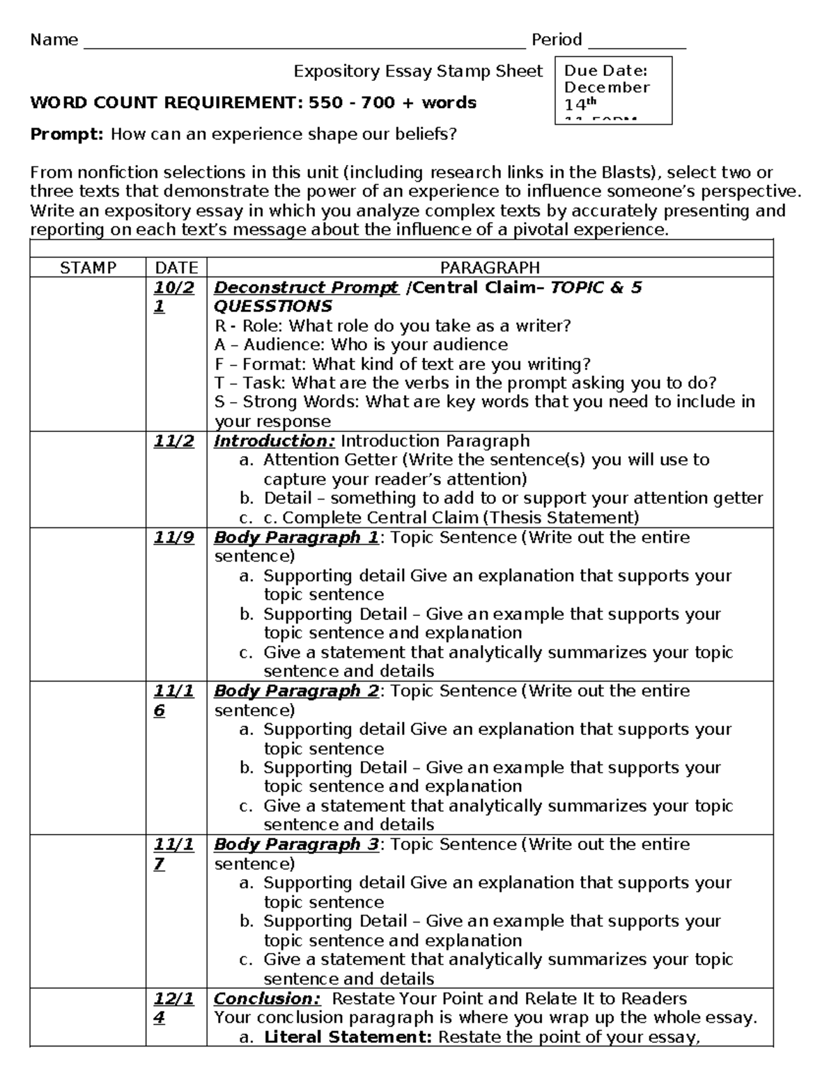 Expository essay Stamp sheet qtr2 - 10 - Name