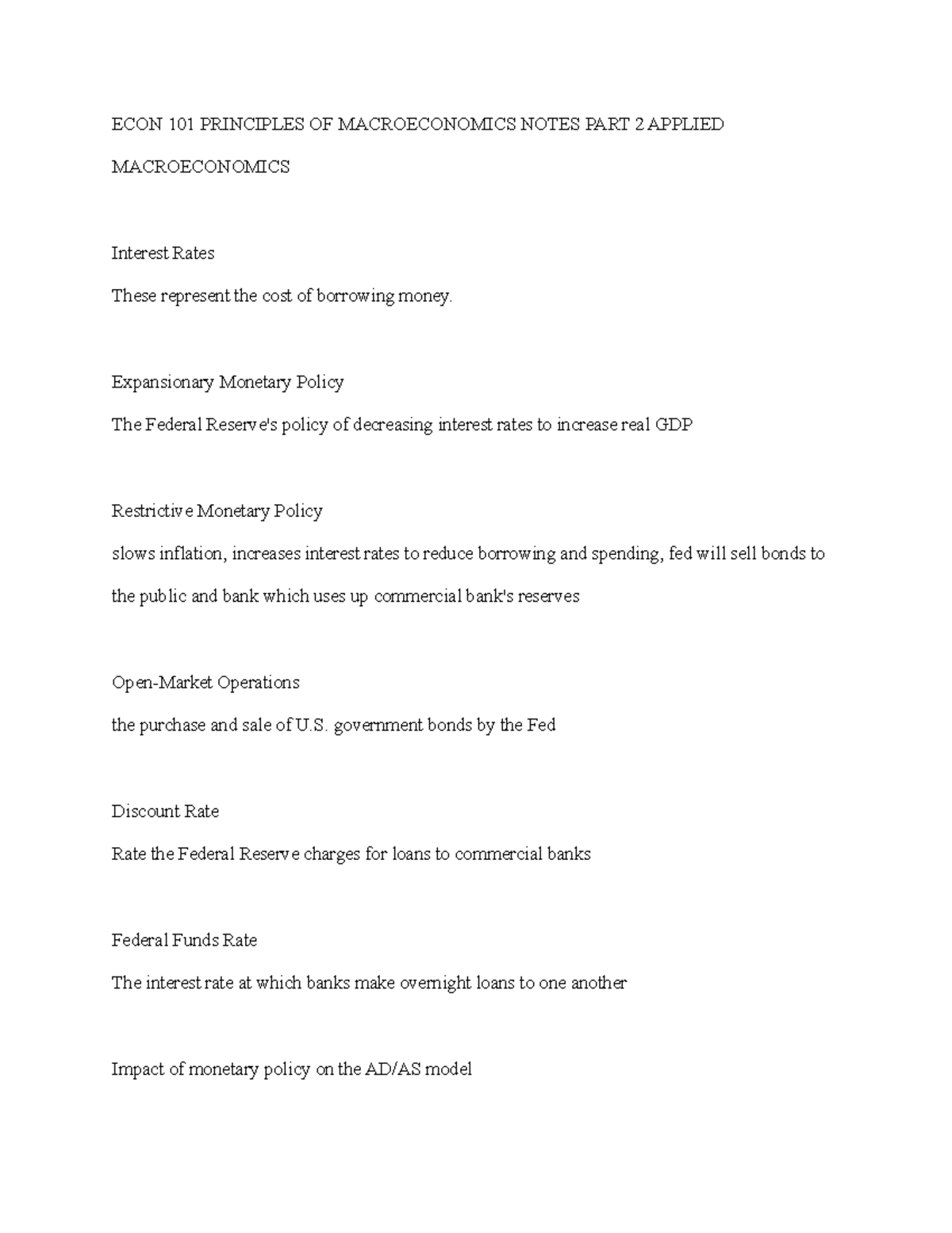 ECON 101 Principles OF Macroeconomics Notes PART 2 Applied ...