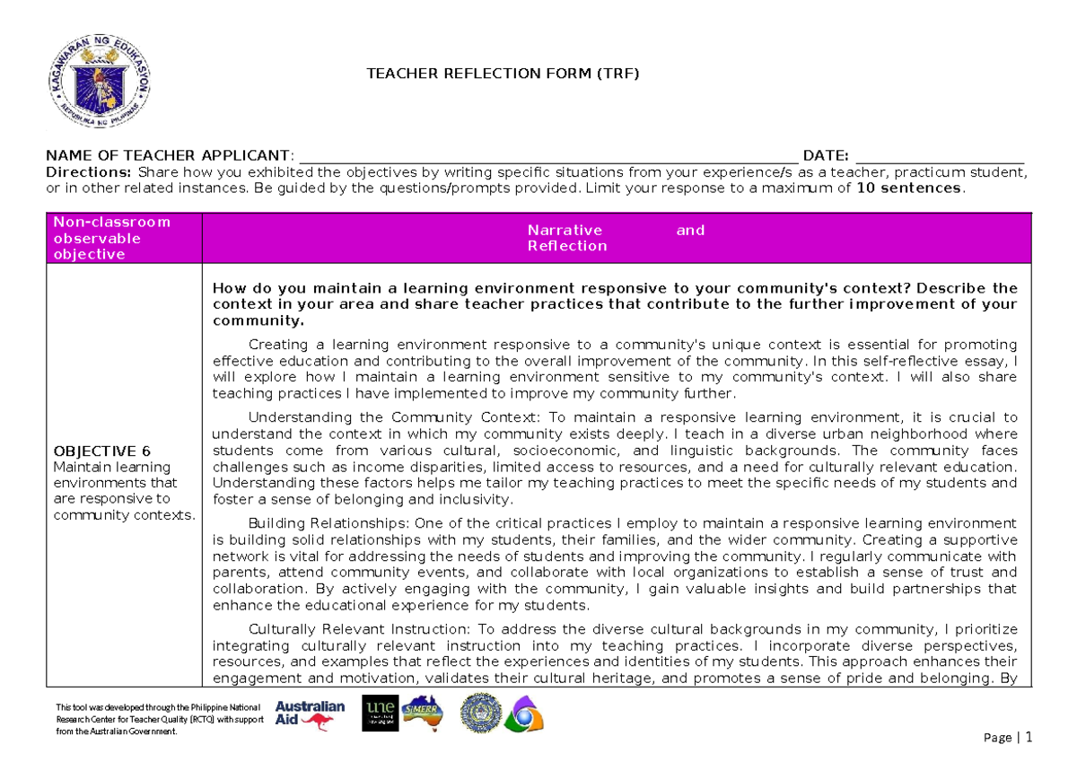 Teachers- Reflection-FORM-TRF-I - This tool was developed through the Philippine National ...