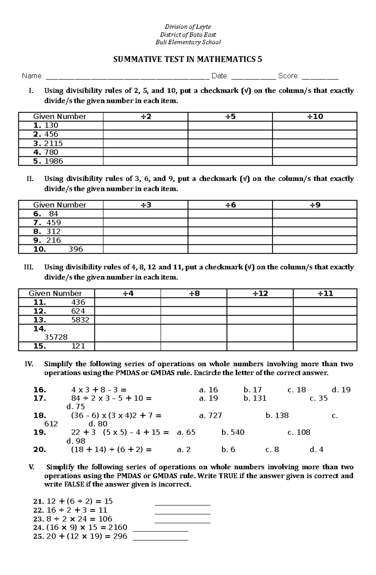 1st PT Mathematics 5 - performance task - Division of Leyte District of ...