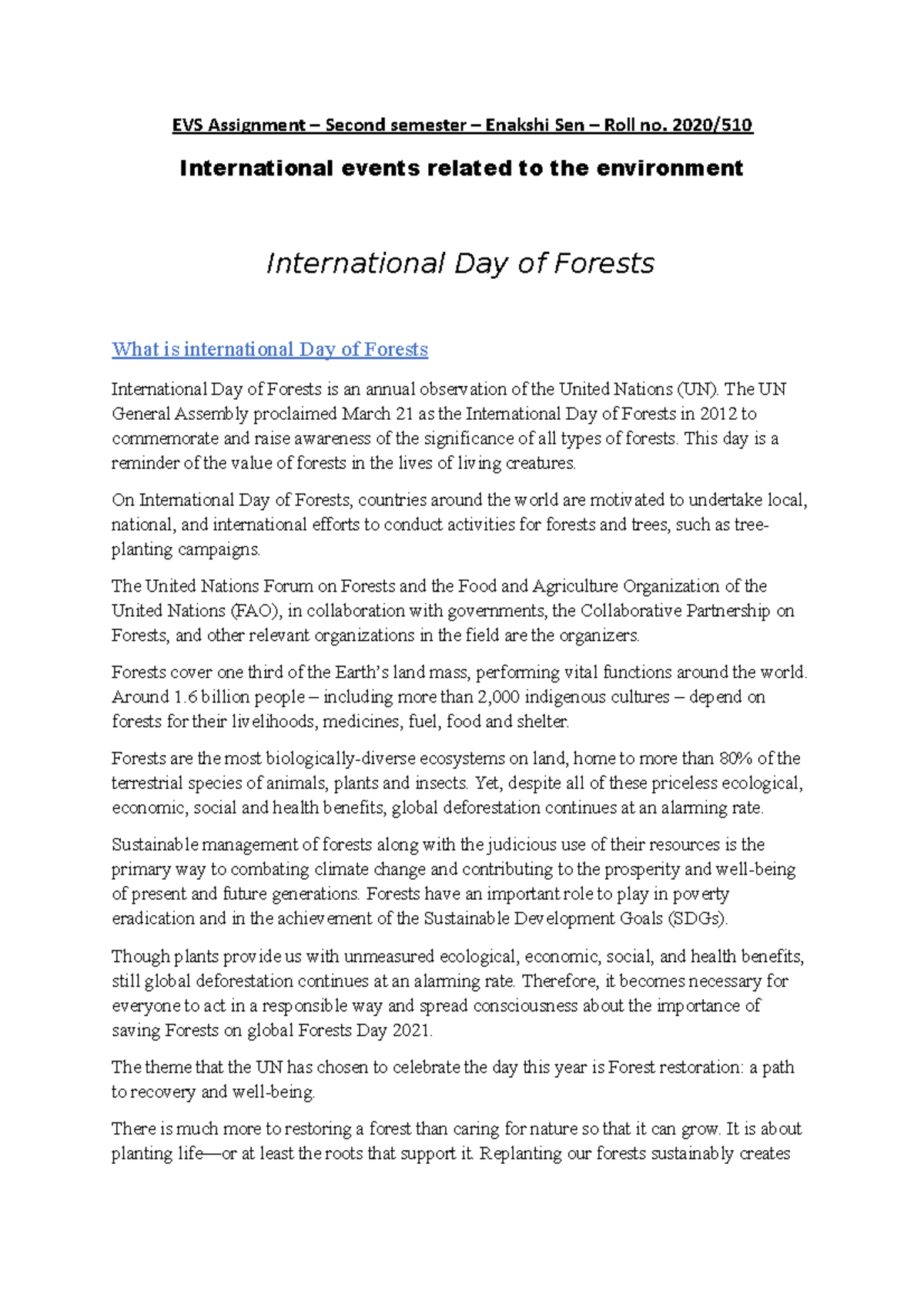 EVS Assignment on International events related to the environment - EVS ...