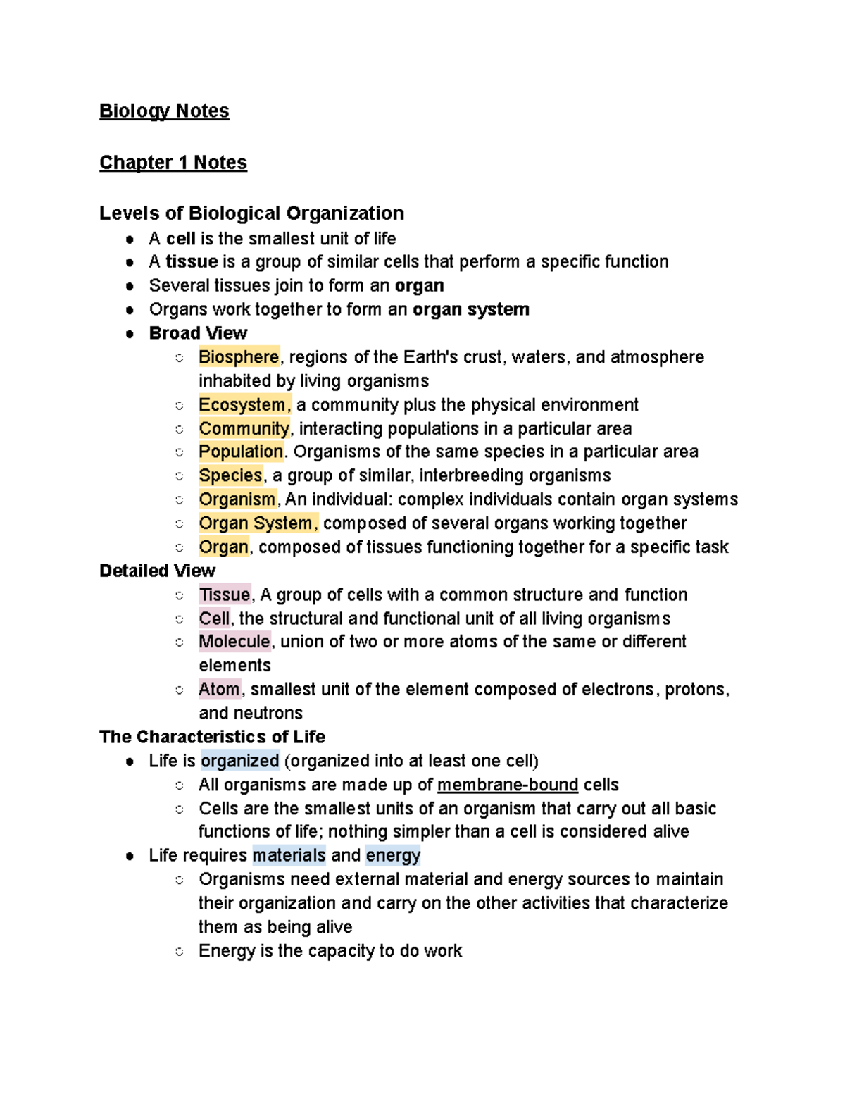 Biology Notes - Professor Olabisi - Biology Notes Chapter 1 Notes ...