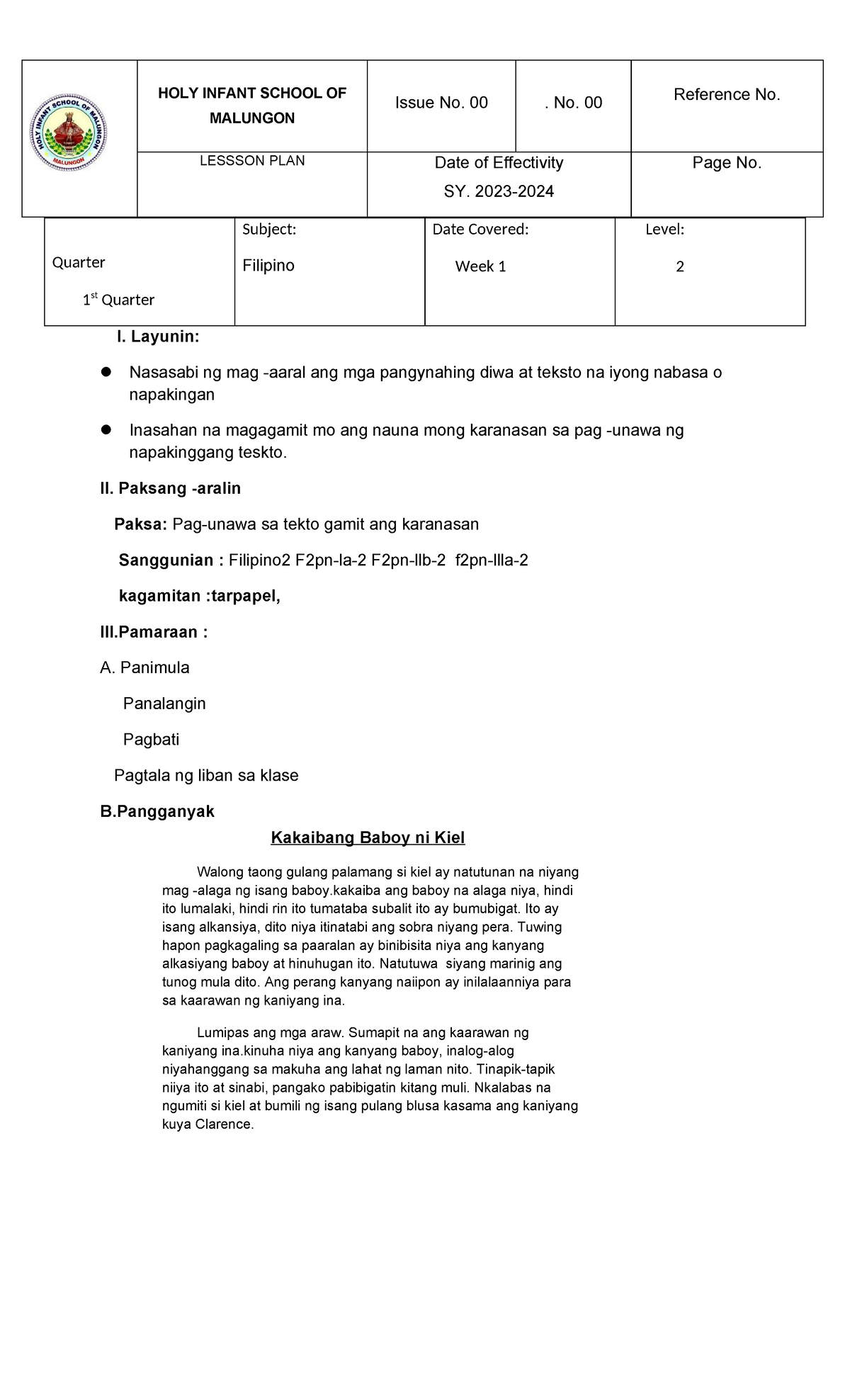 Q- filipino week 1 - Quarter 1 st Quarter Subject: Filipino Date ...