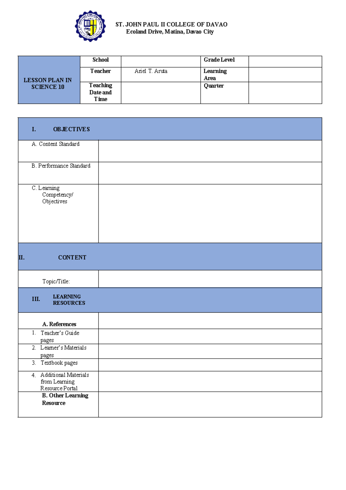 Lesson-Plan-7Es - Lesson plan format - Ecoland Drive, Matina, Davao ...