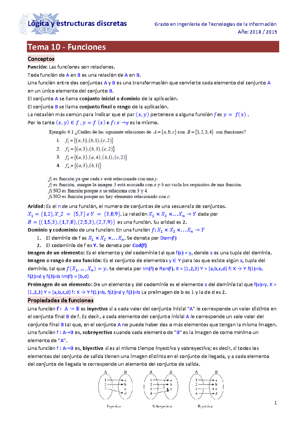 Tema 10 - Funciones - Resumen Lógica y Estructuras Discretas - Año: 2018 / 2019 Tema 10 ...