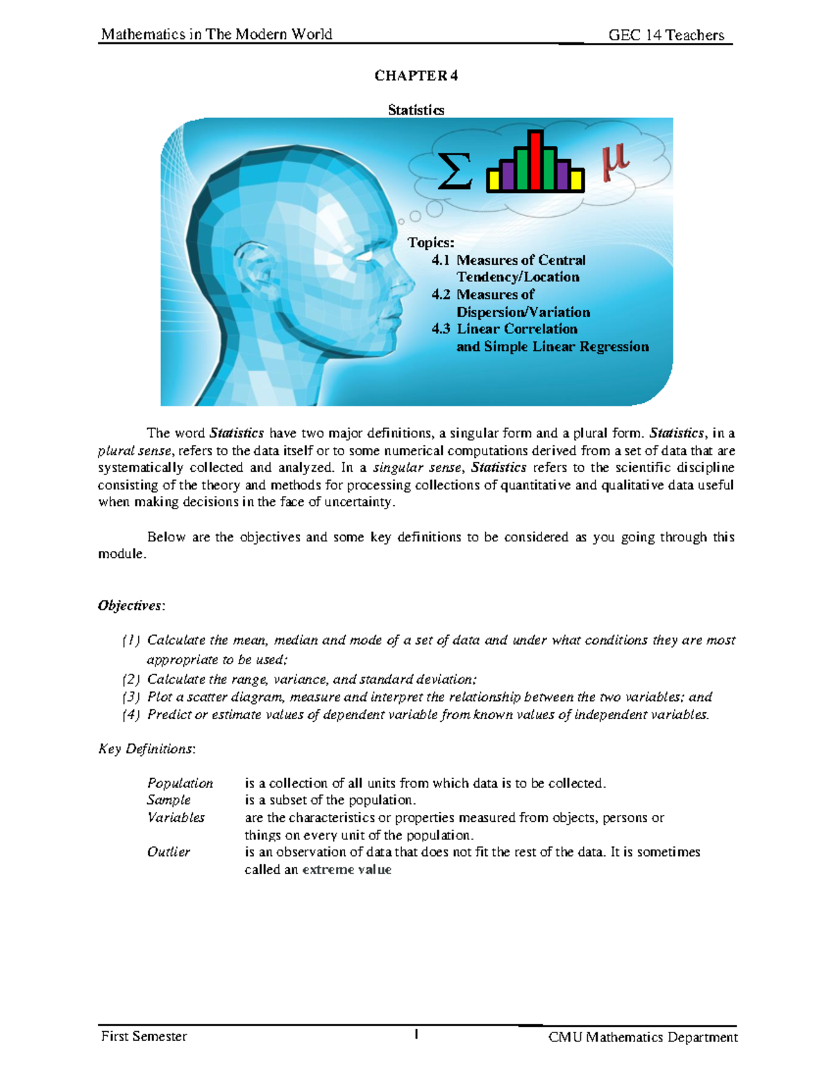 Statistics Mathematics In The Modern Worldd 1 CHAPTER 4 Statistics 