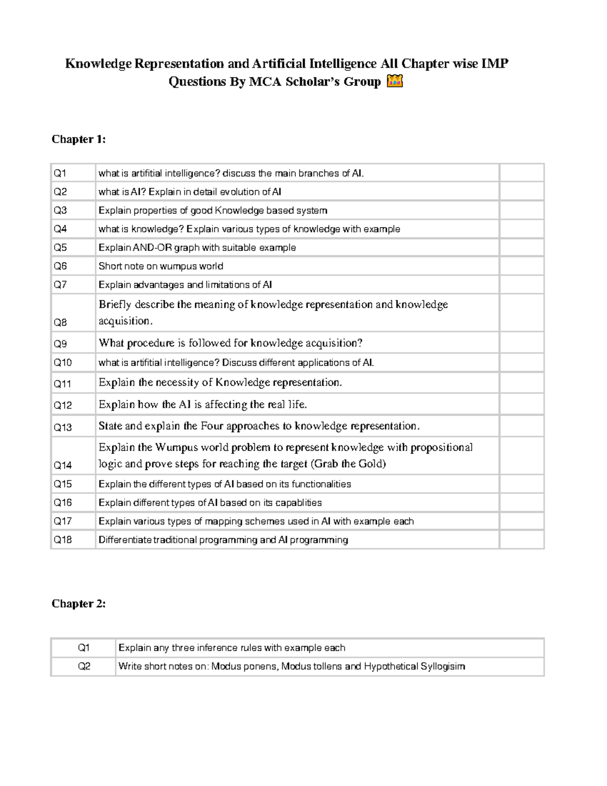 Knowledge Representation and Artificial Intelligence All Chapter wise IMP Questions By MCA ...