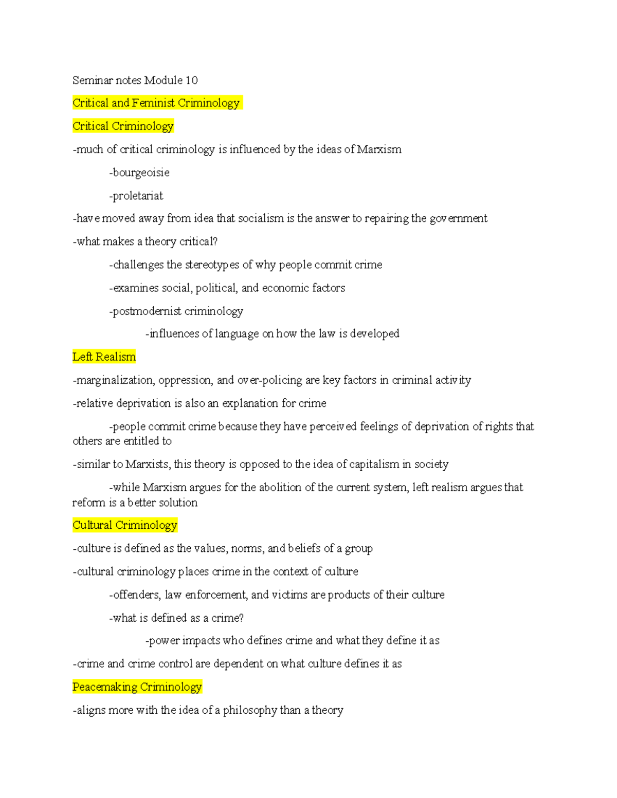 Criminal seminar module 10 notes - Seminar notes Module 10 Critical and ...
