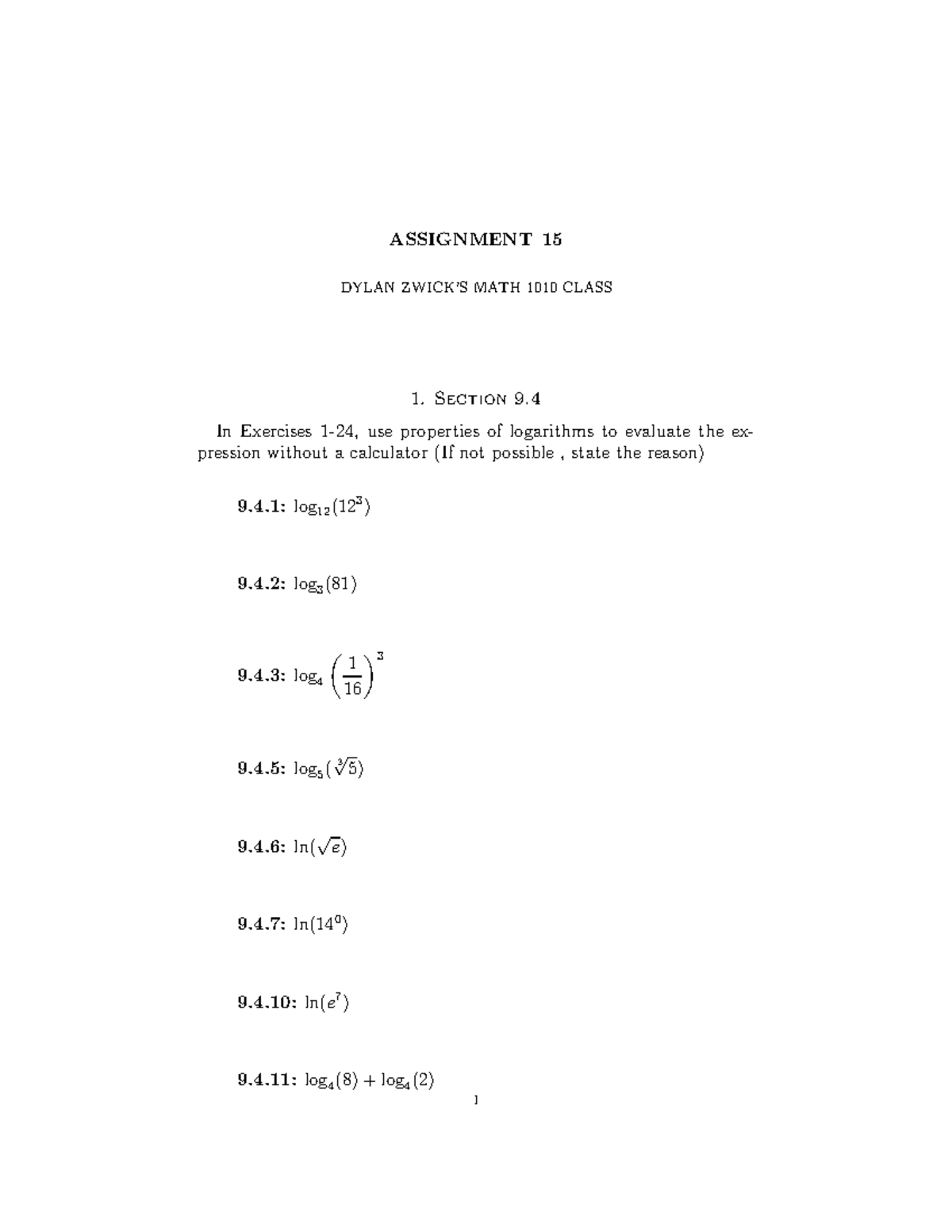 Seminar assignments - Assignment 15 - ASSIGNMENT 15 DYLAN ZWICK’S MATH ...