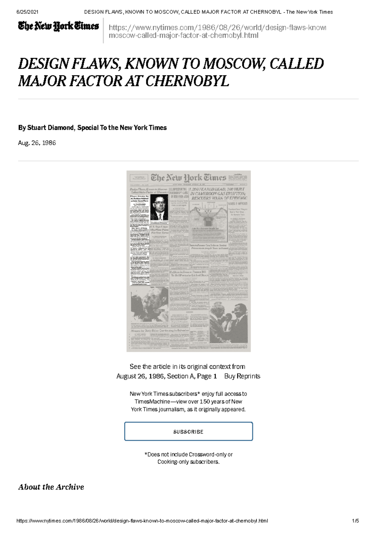 Design Flaws, Known TO Moscow, Called Major Factor AT Chernobyl - The ...