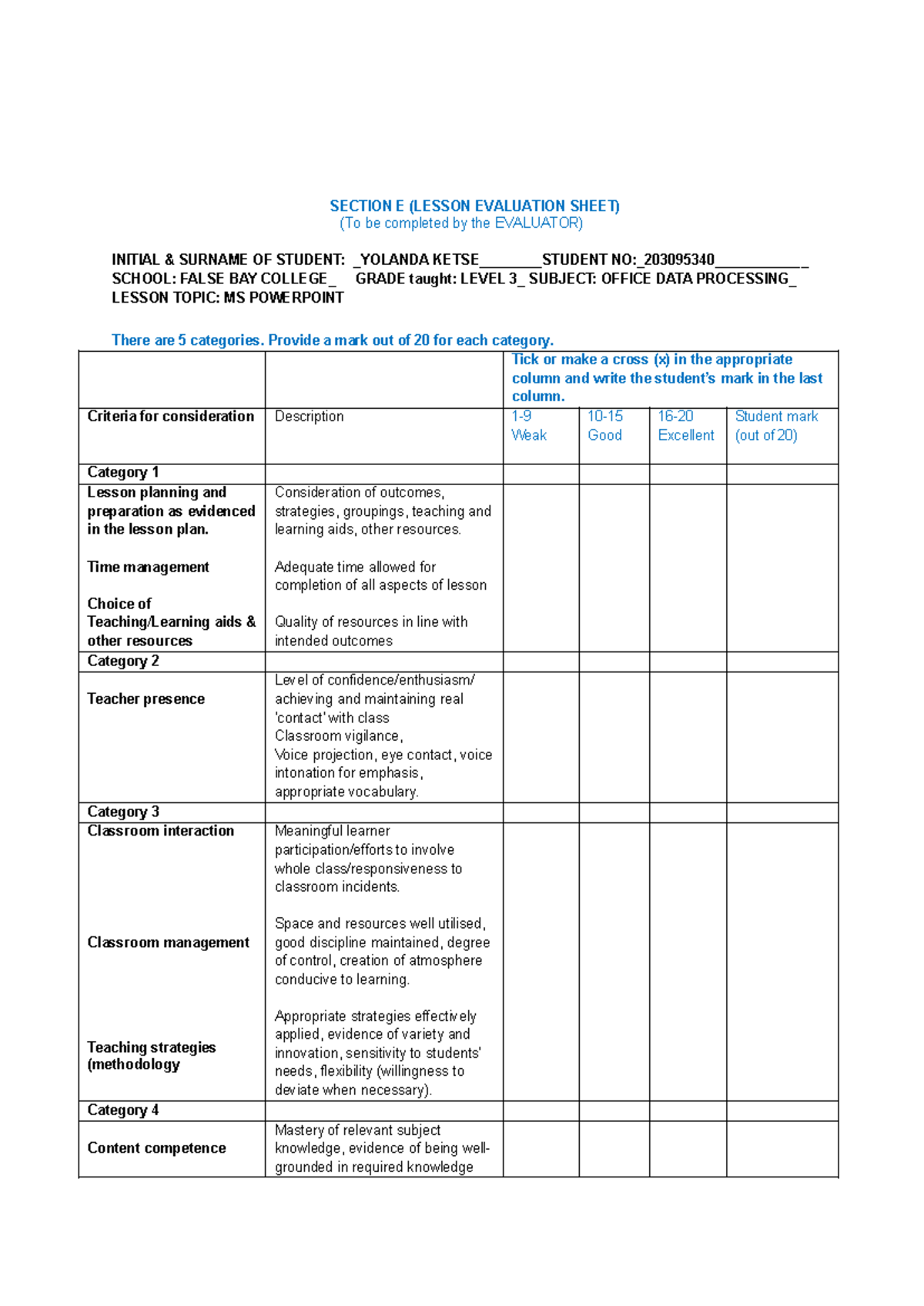 Evaluation Forms - SECTION E (LESSON EVALUATION SHEET) (To be completed ...